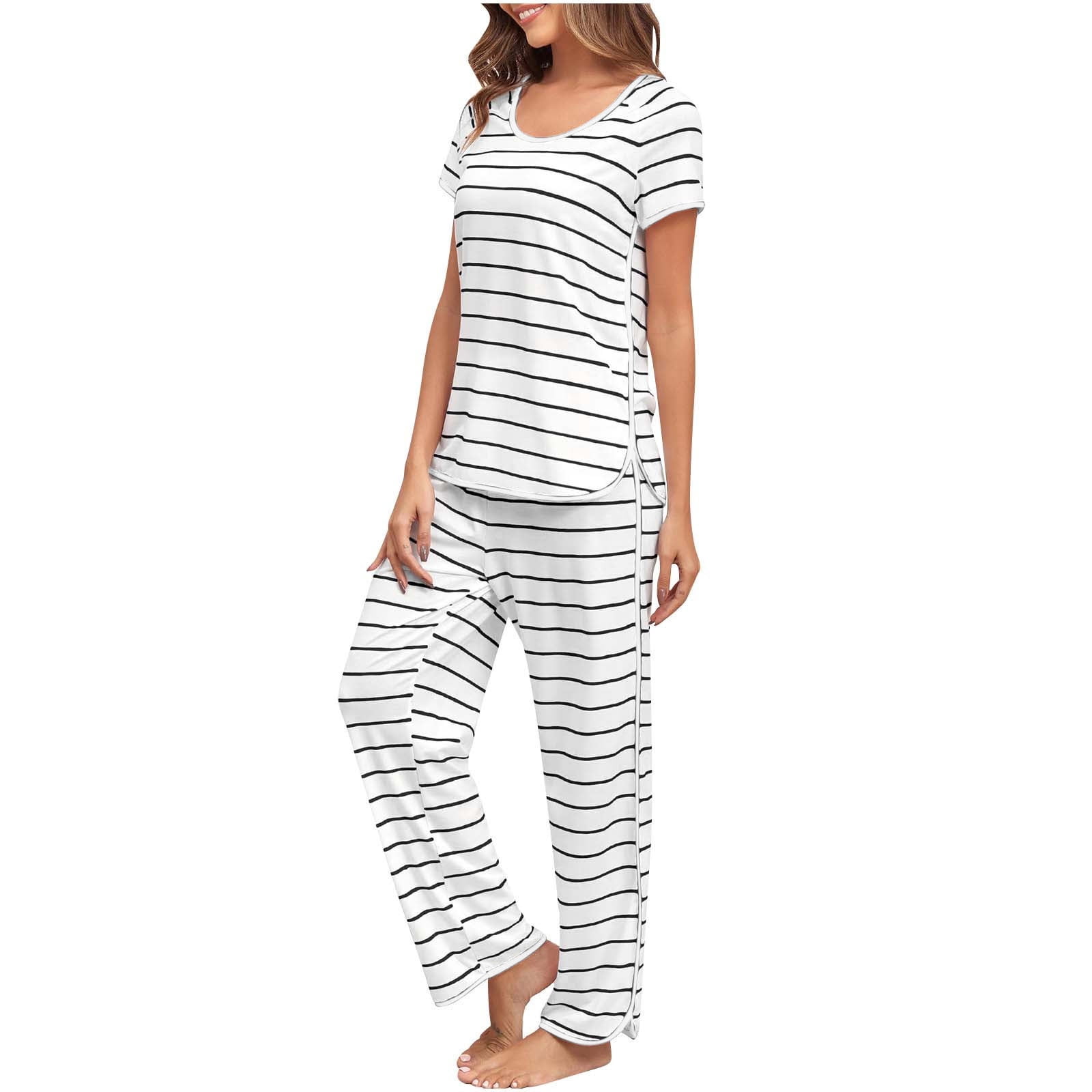 Besolor Womens Stripe Pajamas 2 Piece Nightwear Short Sleeve Side Split ...