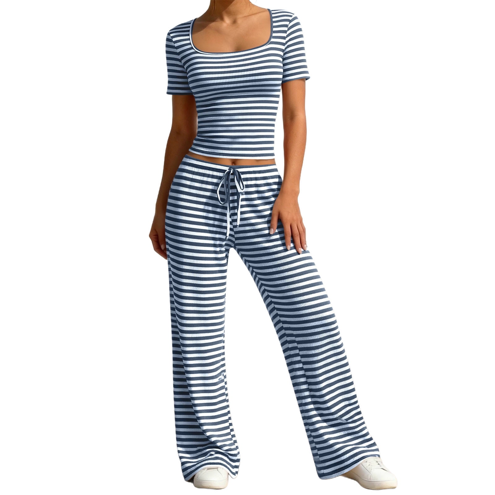Besolor Womens Striped 2 Piece Sets Short Sleeve Square Neck Slim ...