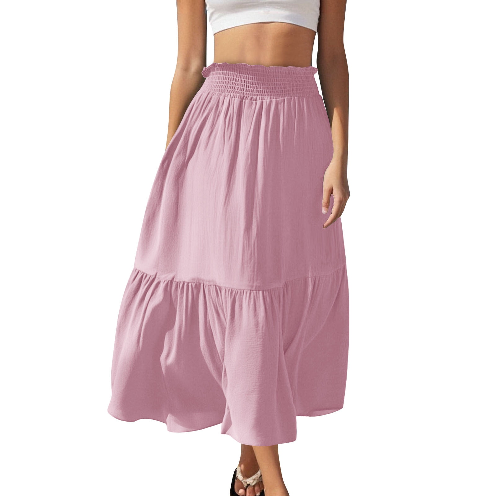 Besolor Womens Summer Casual Maxi Skirt Ruffle Elastic Waist Tiered ...