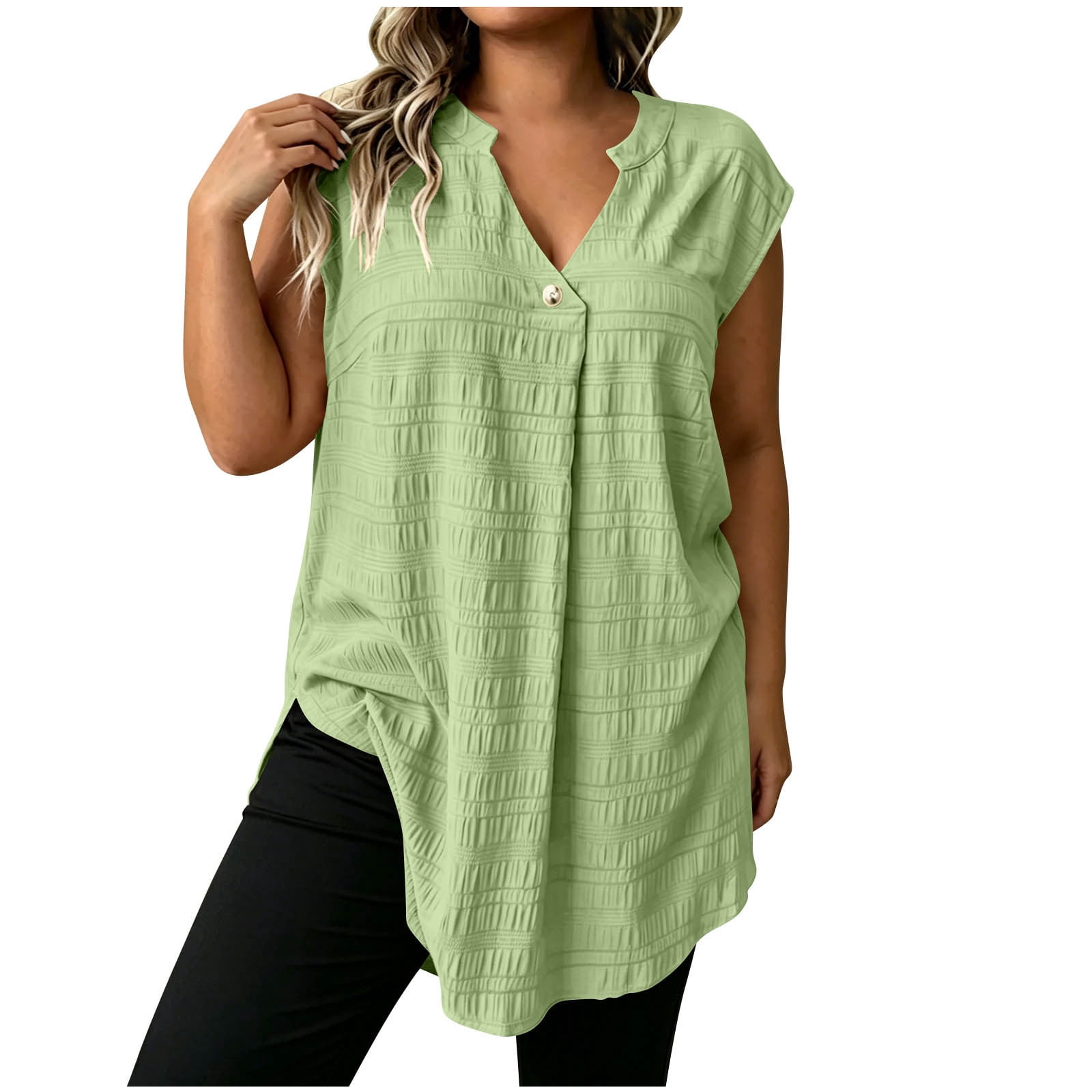 Besolor Womens Summer Tops Button V Neck Cap Sleeve Shirts Pleated ...