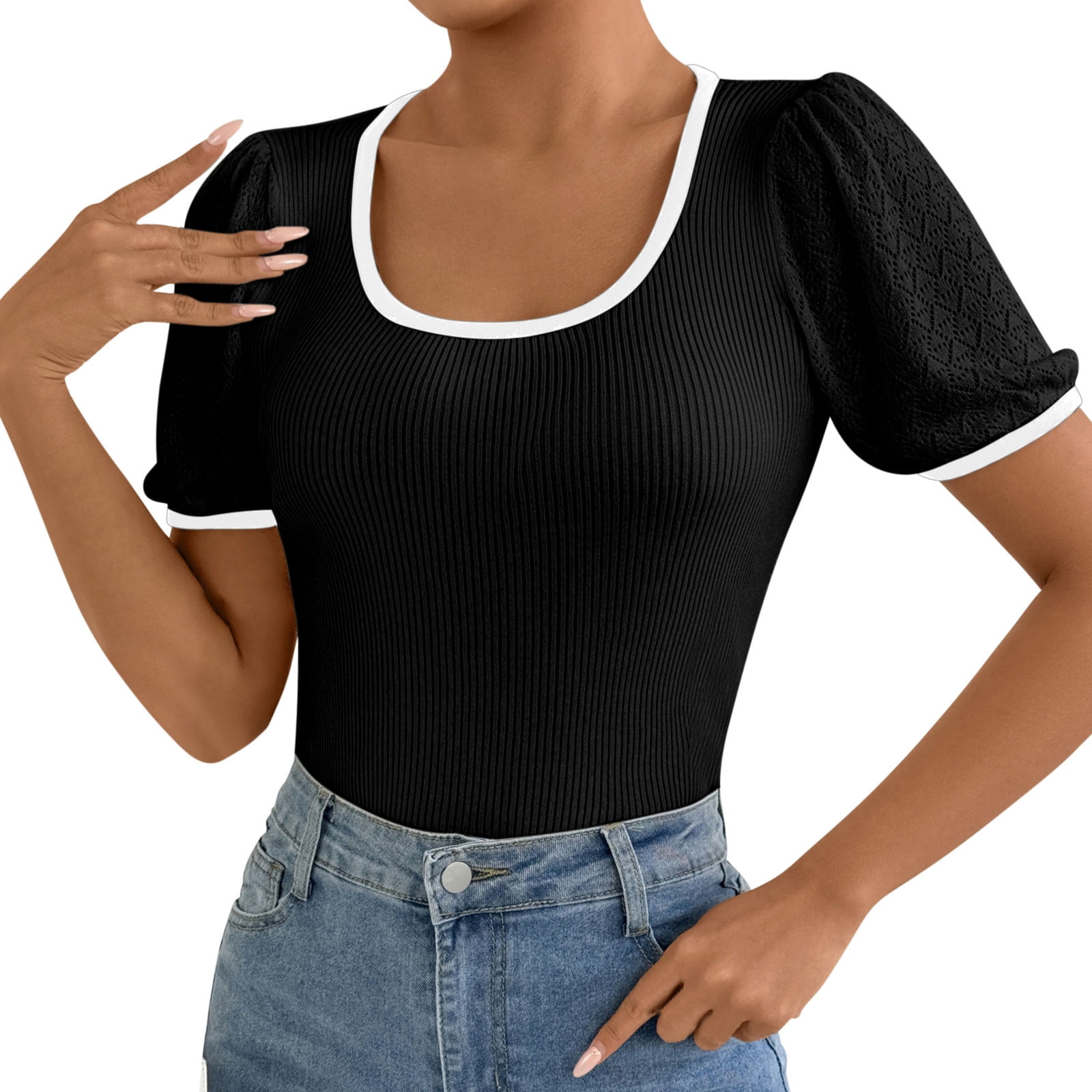 Besolor Womens Summer Tops Knit Lace Splicing Scoop Neck Basic Tee ...