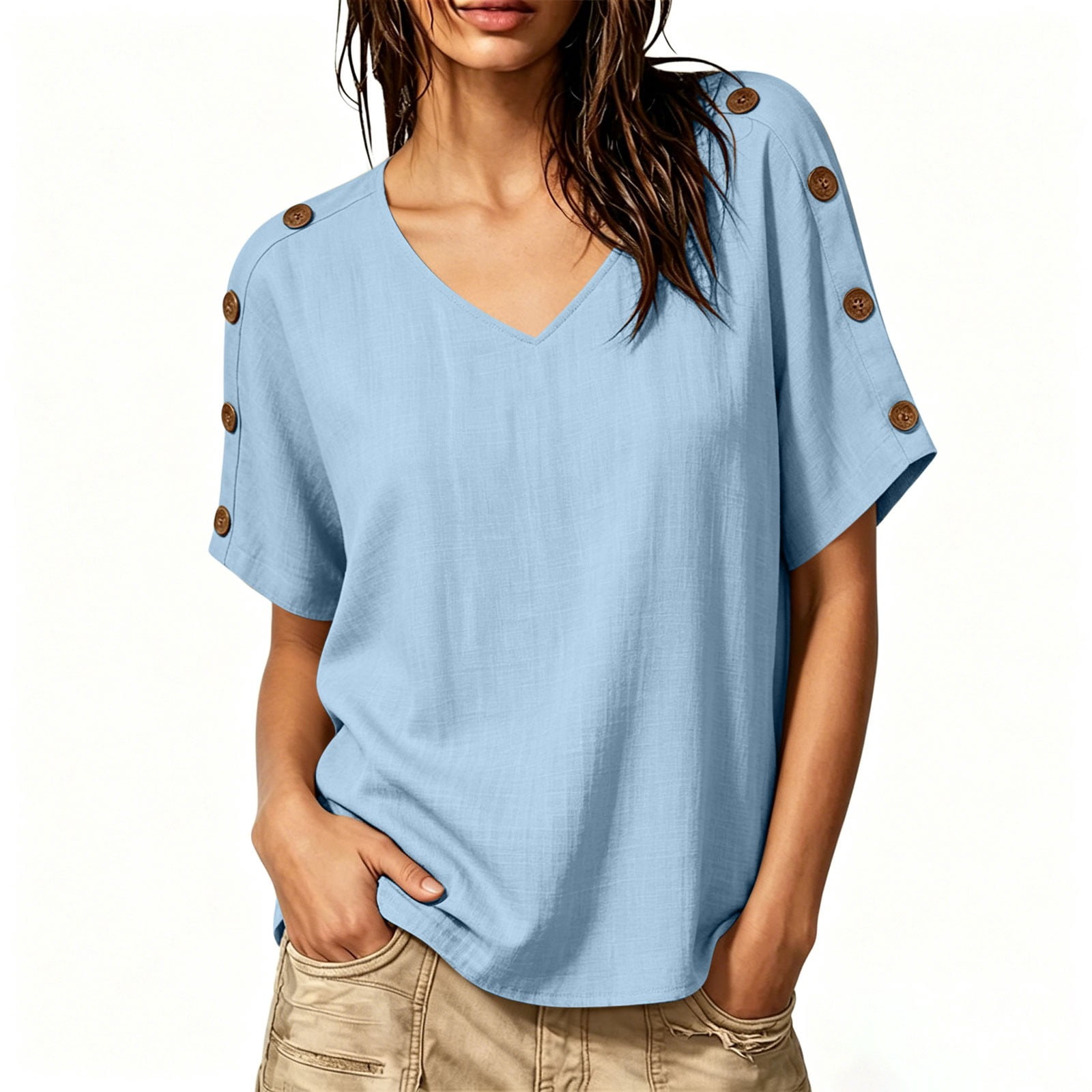 Besolor Womens Summer Tops V Neck Buttons Shoulder Short Sleeve Tunic ...