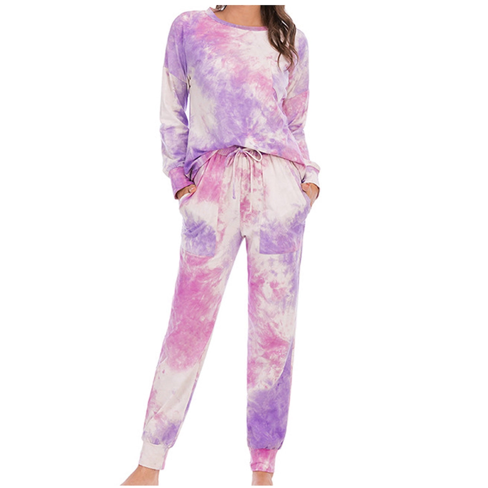 Besolor Womens Tie Dye Two Piece Pajamas Set Long Sleeve Sweatshirt ...