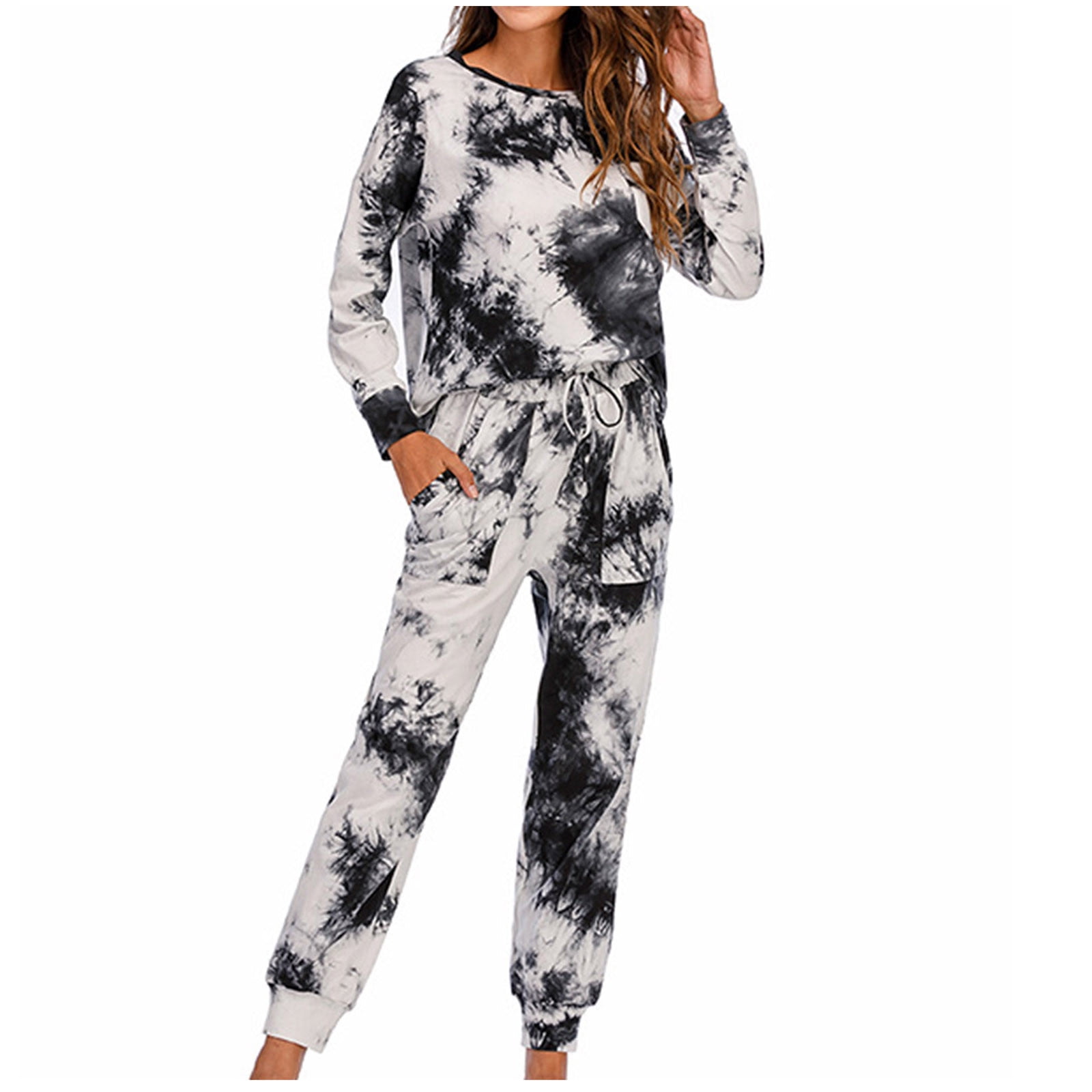 Besolor Womens Tie Dye Two Piece Pajamas Set Long Sleeve Sweatshirt ...