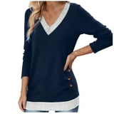 Besolor Womens Tunic Tops Color Block V Neck Long Sleeve Shirts Button ...