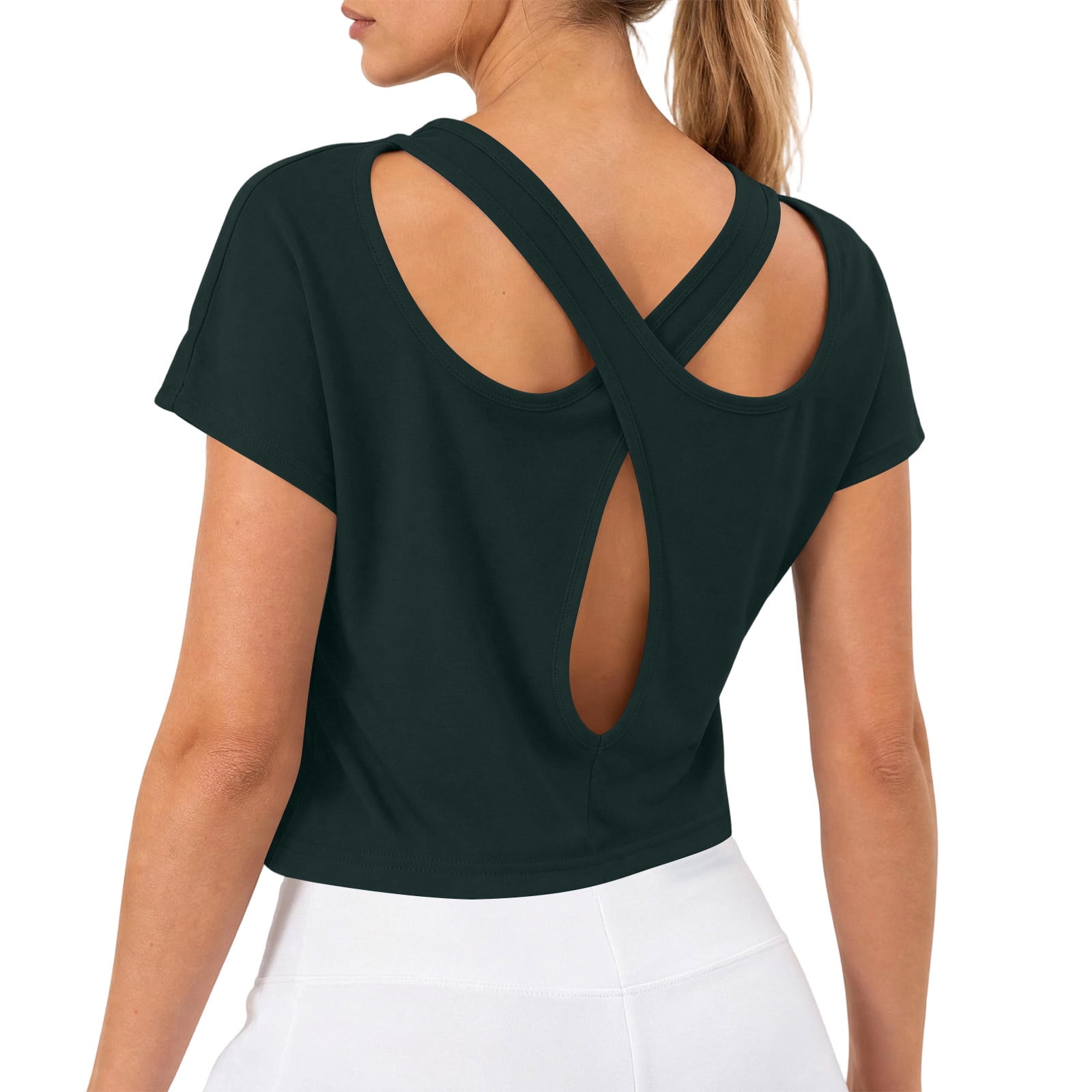 Besolor Workout Tops for Women Open Back Crop Top Summer Short Sleeve ...