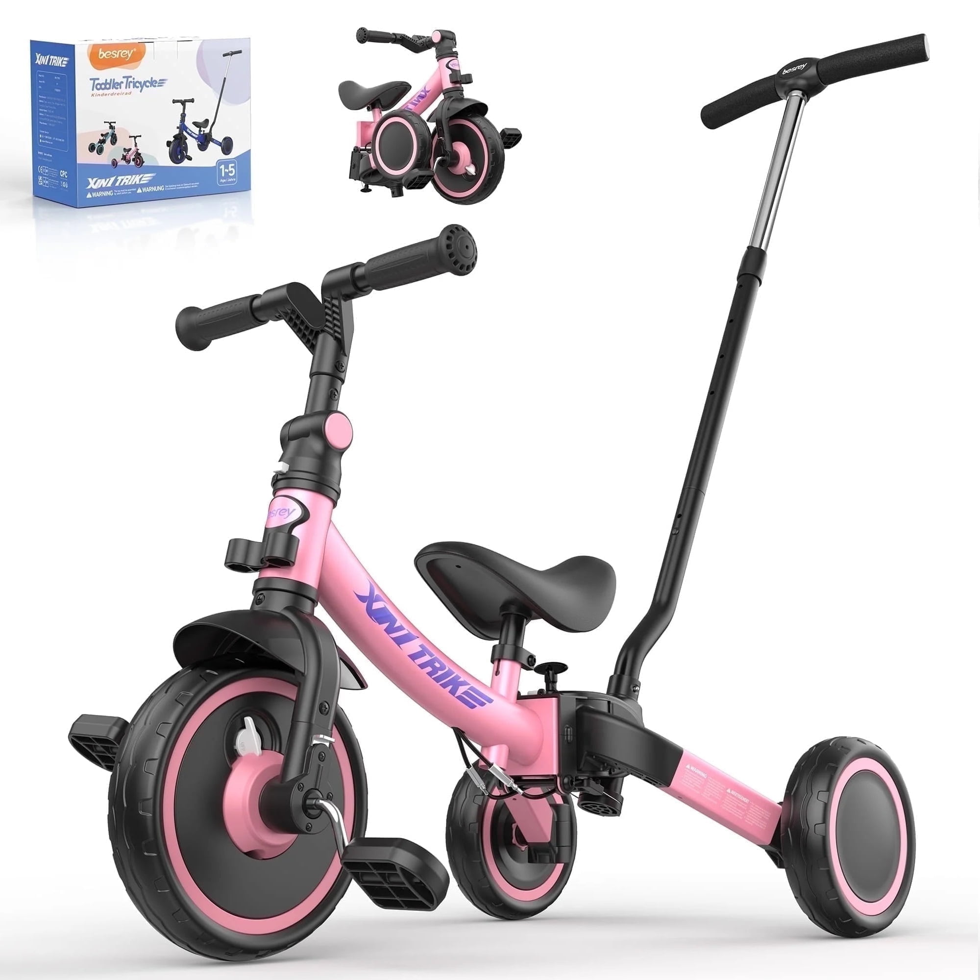 Besrey 7-in-1 Tricycle, Toddler Training Bike with Push Handle, Pink ...