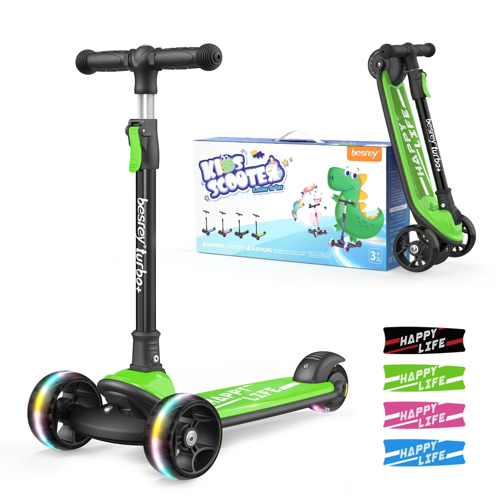 Besrey Kids Kick Scooter Age 3 10 3 Wheels Foldable LED Light Adjustable Height Green Walmart