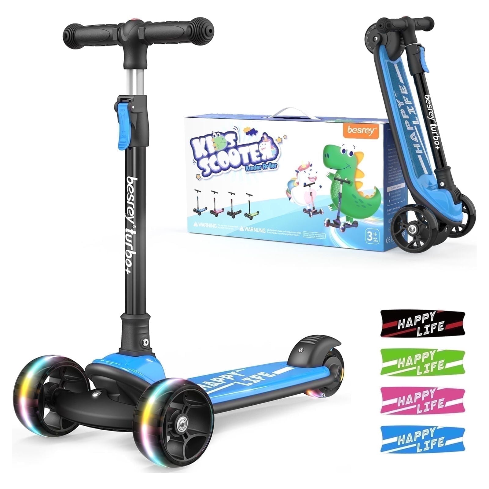 Besrey Kids 3 Wheel Scooter with LED Light Wheels for Age 3-9 Years ...