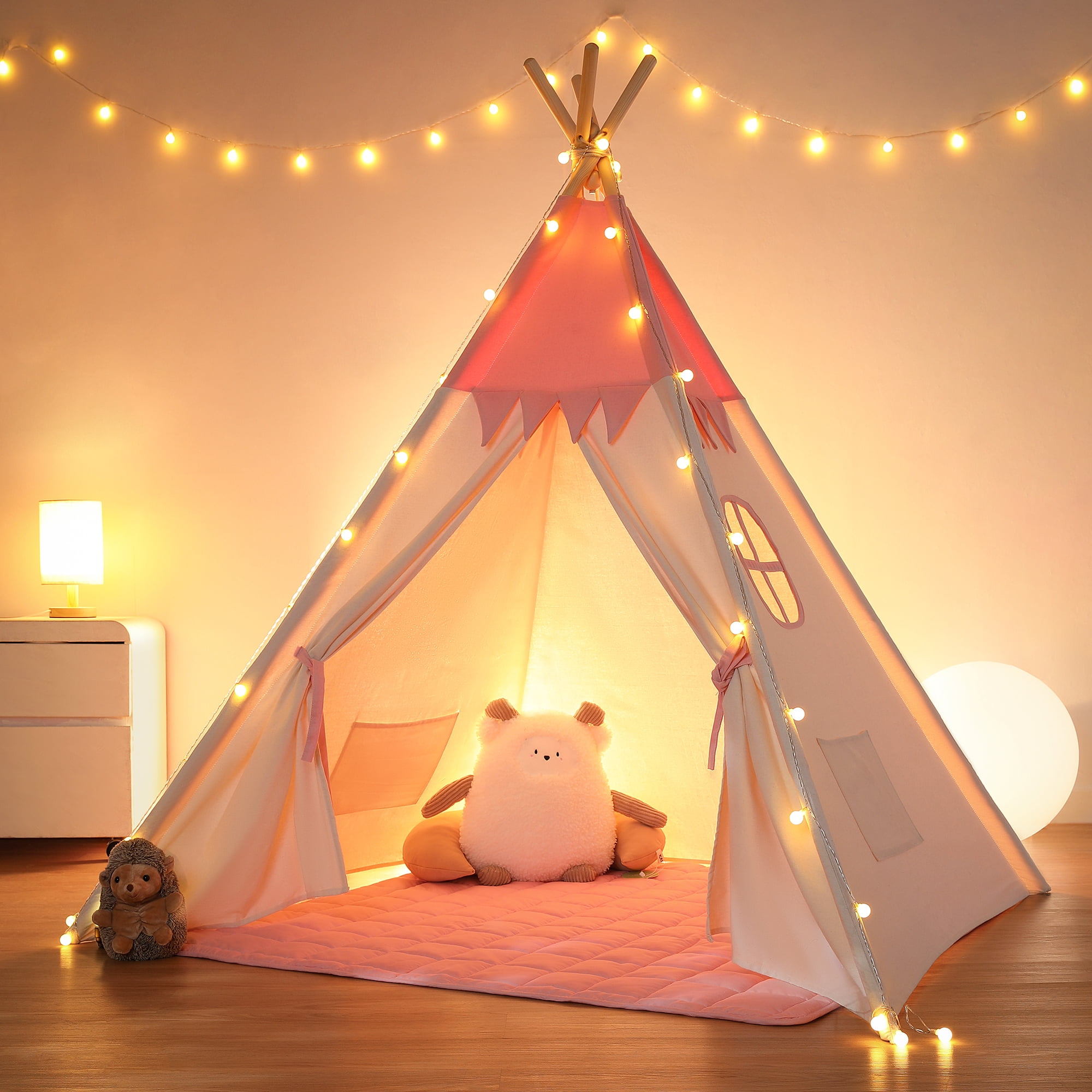 Besrey Kid Teepee Play Tent with String Lights & Thickened Mat,Kids ...