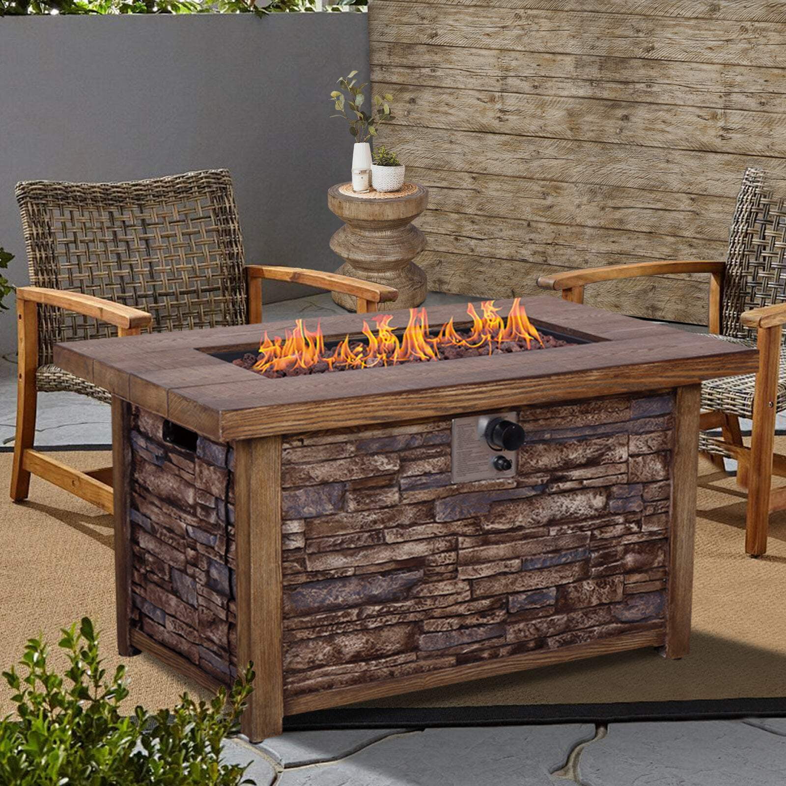 Best Choice Product 50,000 Btu Rectangle Fire Pit Table, Faux Woodgrain Top And Faux Stone ...