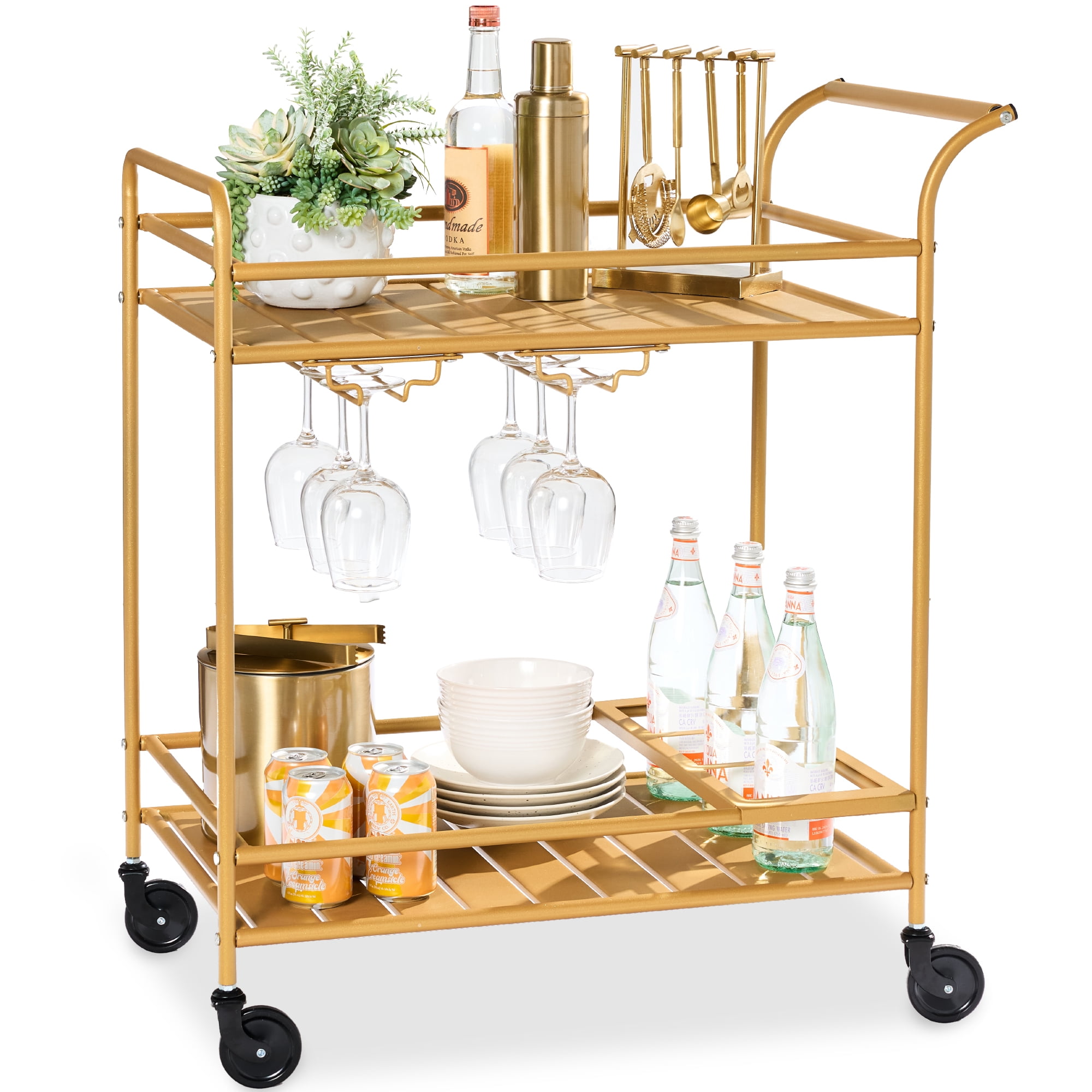 Stylish 2-Tier Rolling Bar Cart, Indoor Outdoor, Gold, Lockable Wheels ...