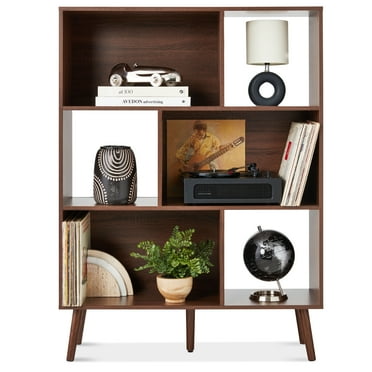 Prepac Milo Mid-Century Modern Bookcase with Inlet Shelves, Two Doors, and Brushed Brass ...