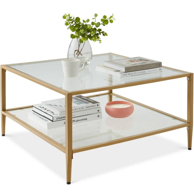 "Best Choice 32"" Square 2-Tier Coffee Table, Gold Metal Base, Glass ...