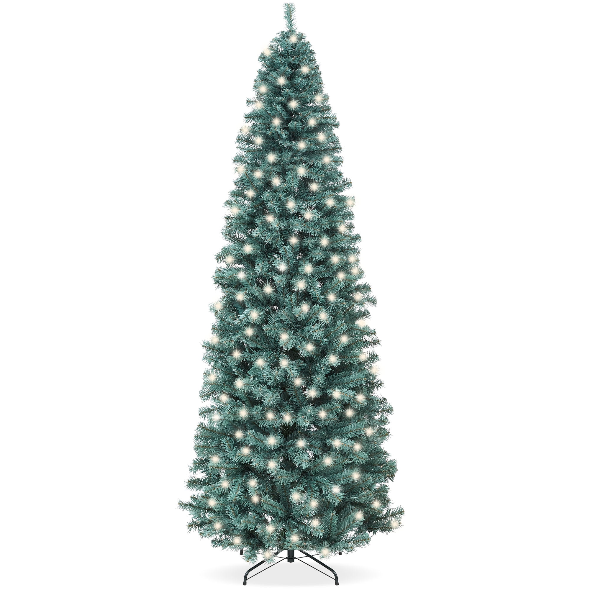Best Choice Products 7.5ft Pre-Lit Blue Spruce Pencil Christmas Tree w/ Foldable Base, 315 ...