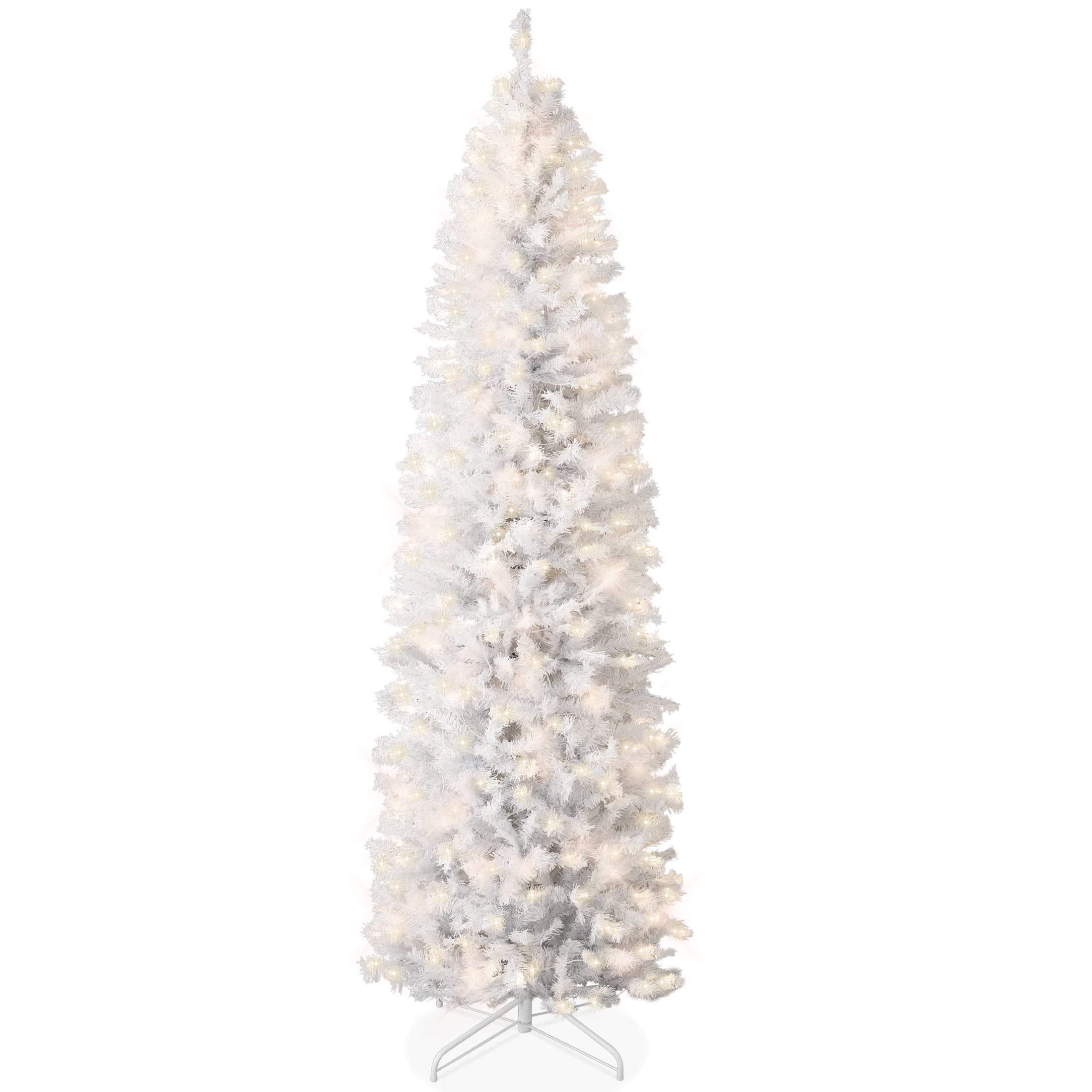 Best Choice Products 7.5ft Pre-Lit White Pencil Christmas Tree w/ Foldable Base, 300 ...