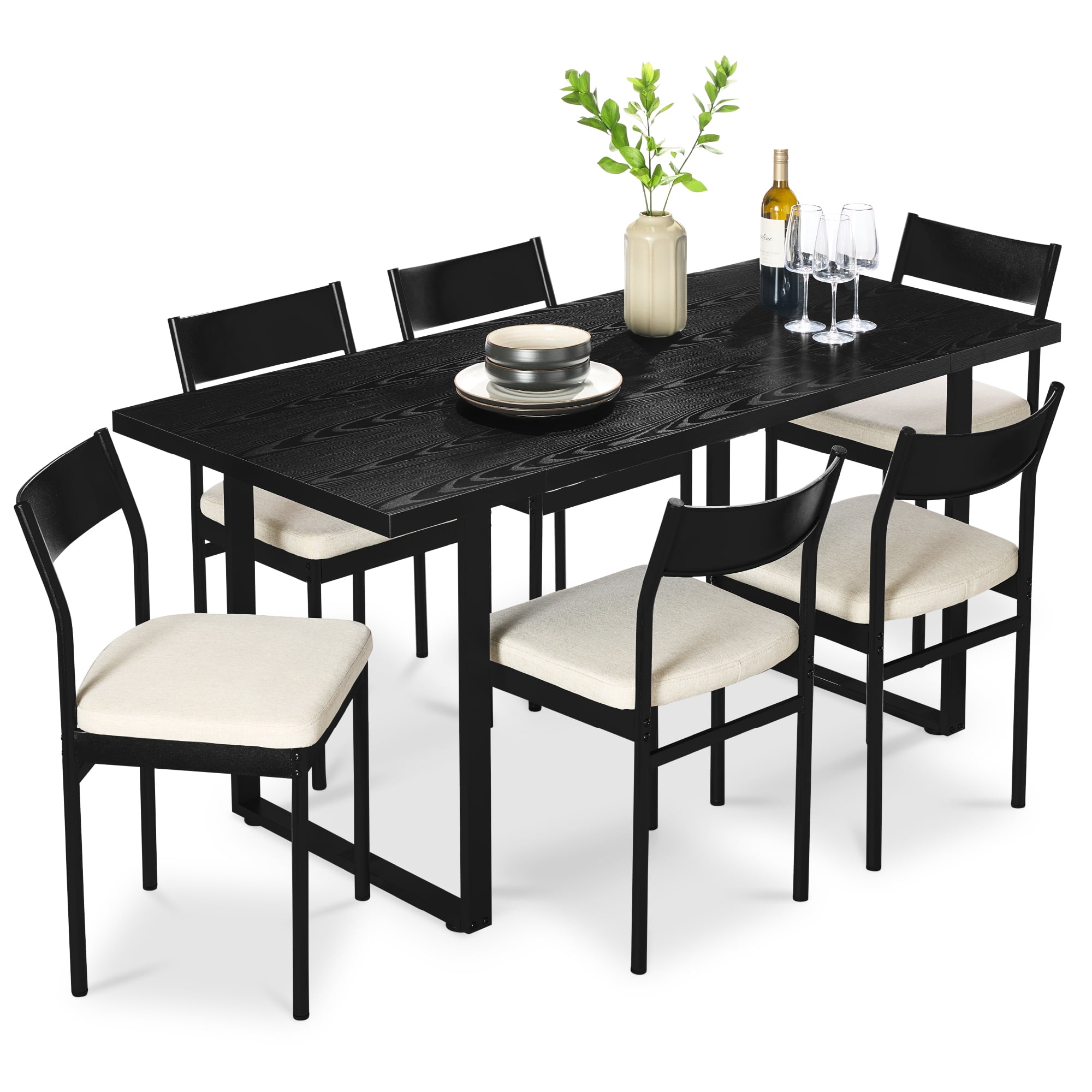 Modern Dining Set, 7-Piece, 63" Table and 6 Cushioned Chairs, Metal ...