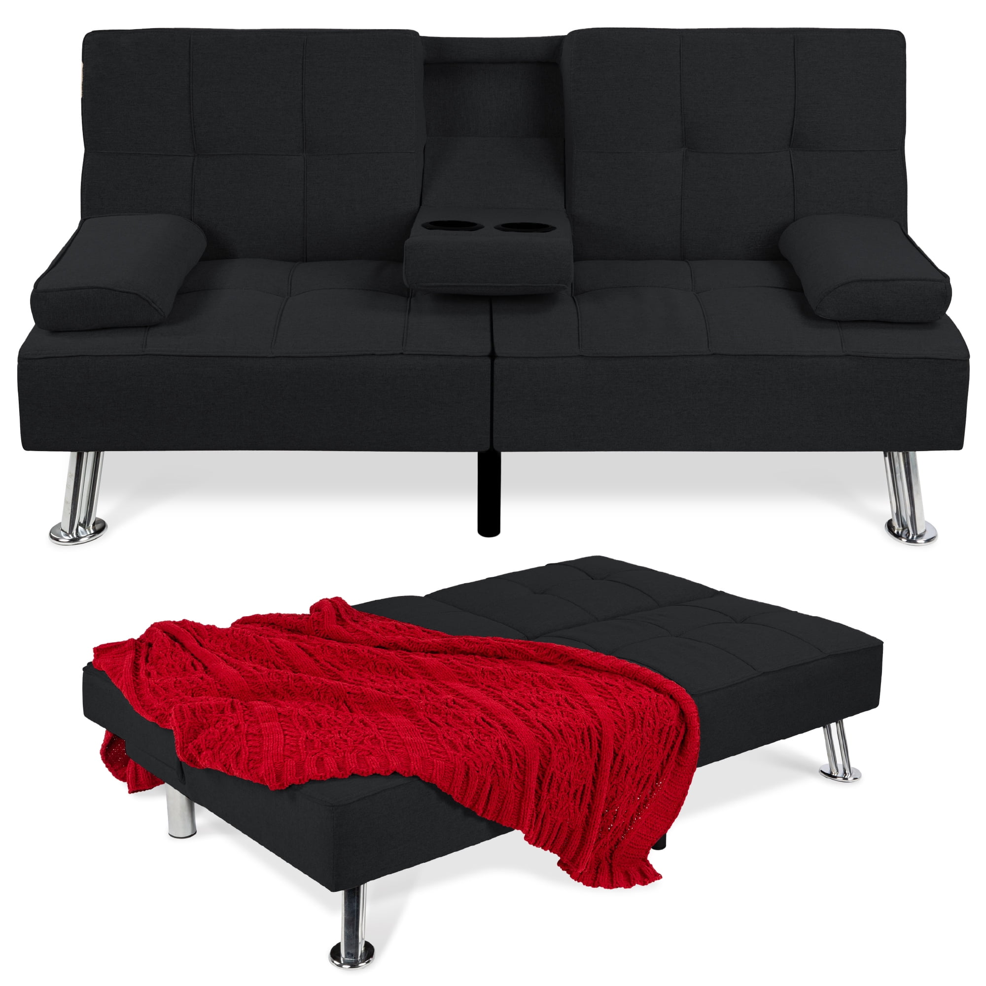 Modern Linen Convertible Futon Sofa Bed, Black, Removable Armrests ...