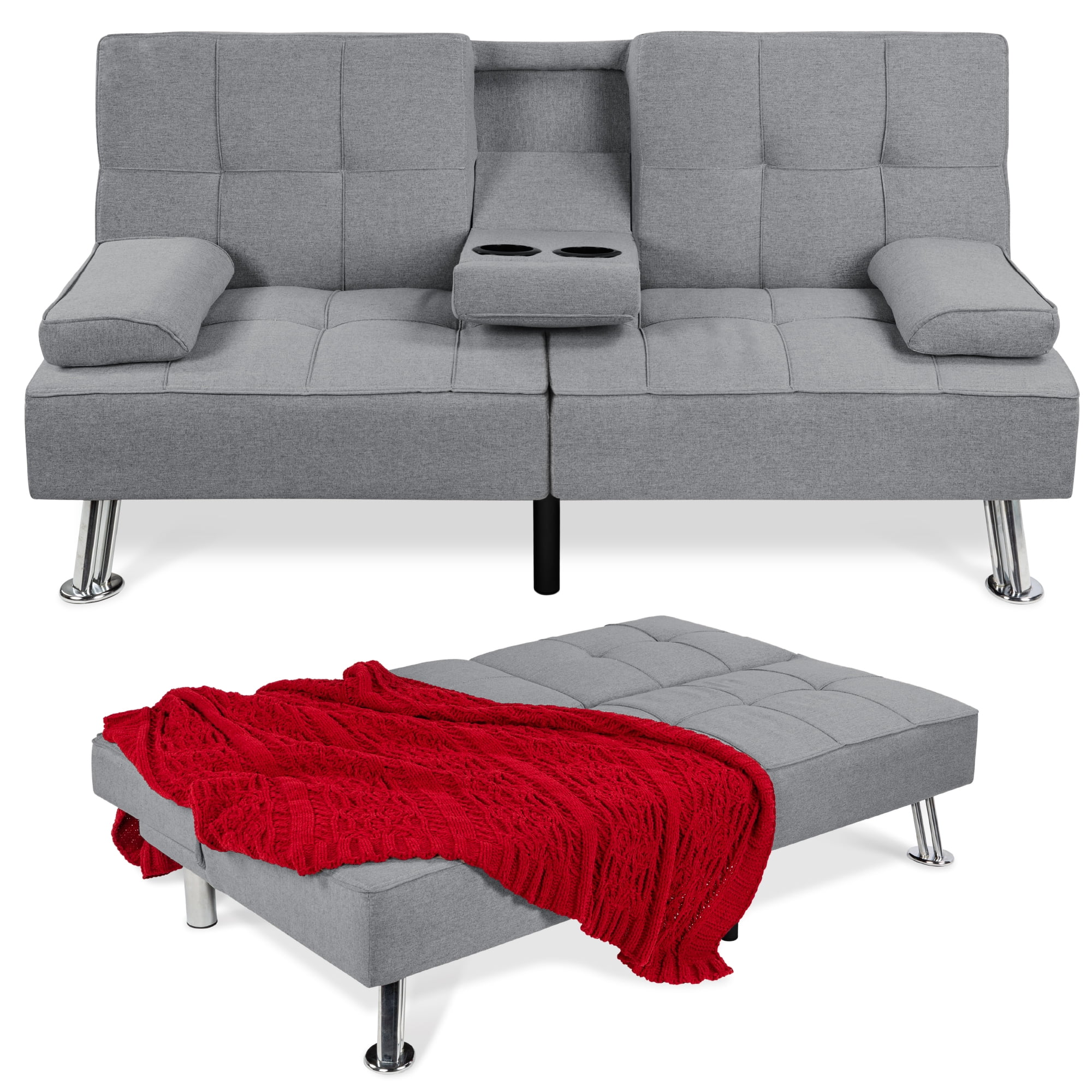 Best Choice Products Modern Linen Convertible Futon Sofa Bed w Removable Armrests Metal Legs Cupholders Gray