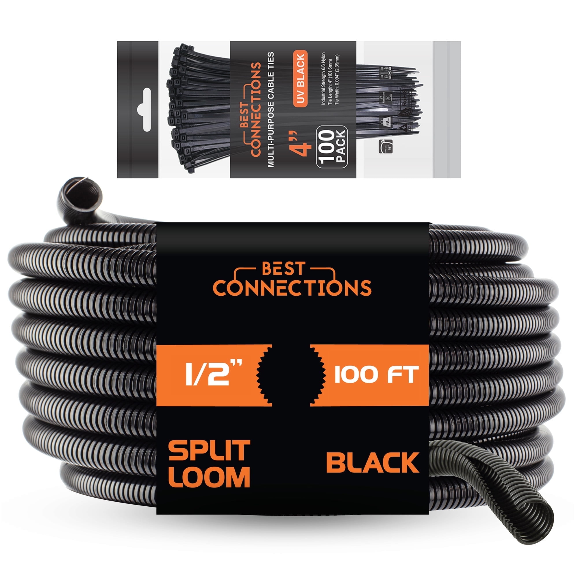 Best Connections 100 Ft 1/2" Split Wire Loom & 100 Pcs 4" Zip Ties ...
