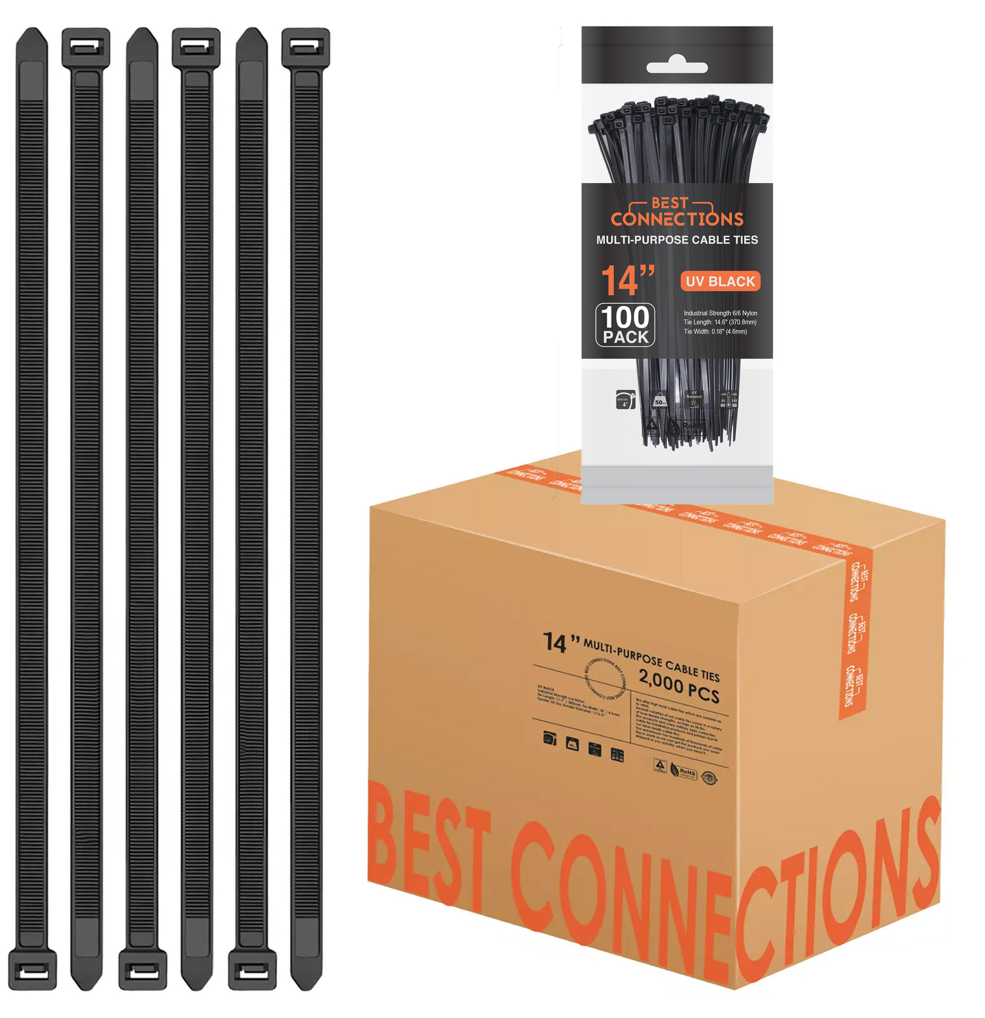 Best Connections 14" Inch Nylon Cable Wire Zip Tie 120 Lbs Tensile ...