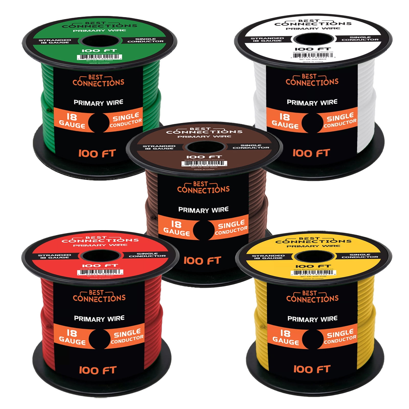 Best Connections 18 Gauge Car Audio Primary Wire (100ft–5 Rolls ...
