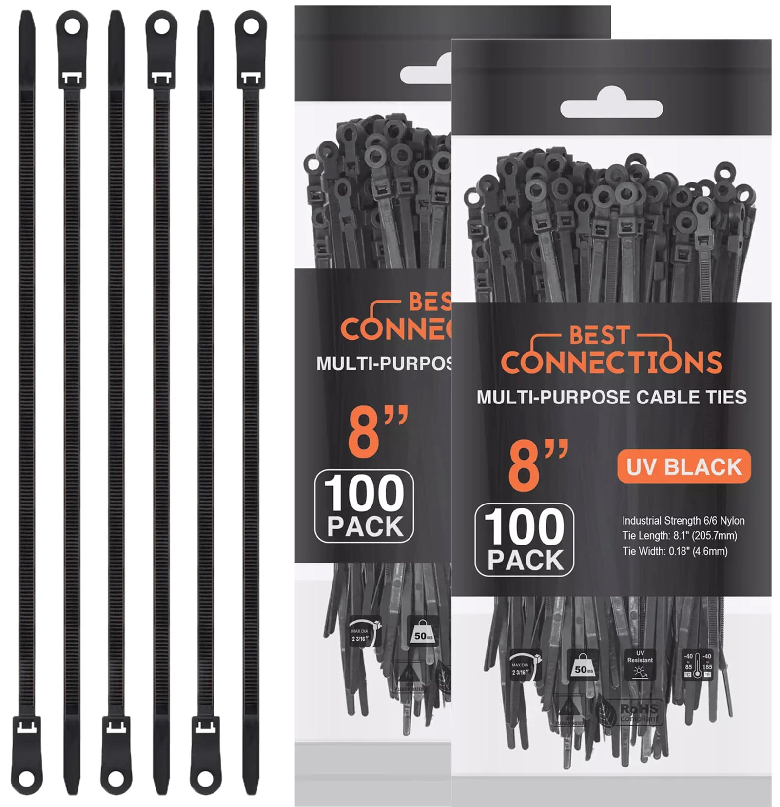 Best Connections 200 Pieces 8" Screw Down Nylon Cable Zip Ties Mounting ...