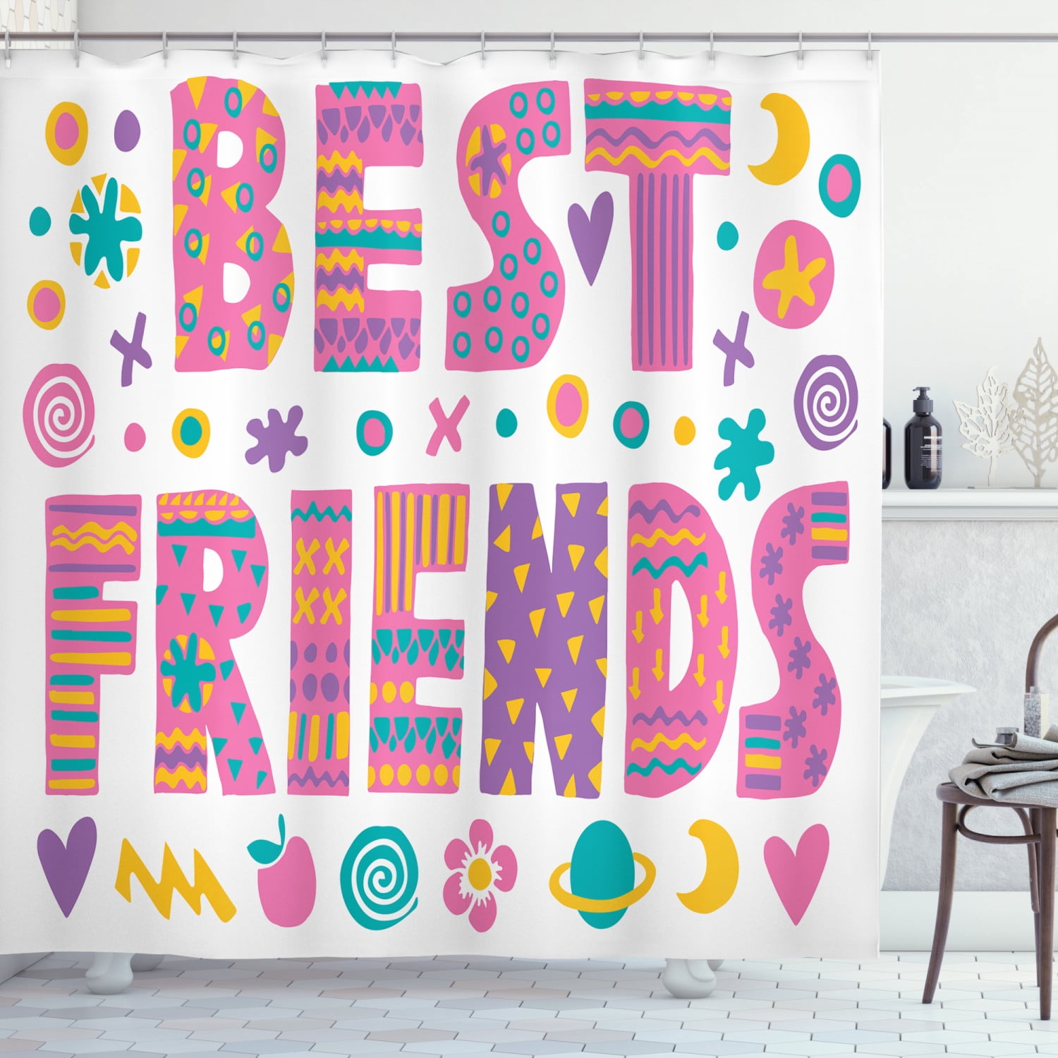 Best Friend Shower Curtain, 90's Style Best Friends Calligraphy Dynamic ...