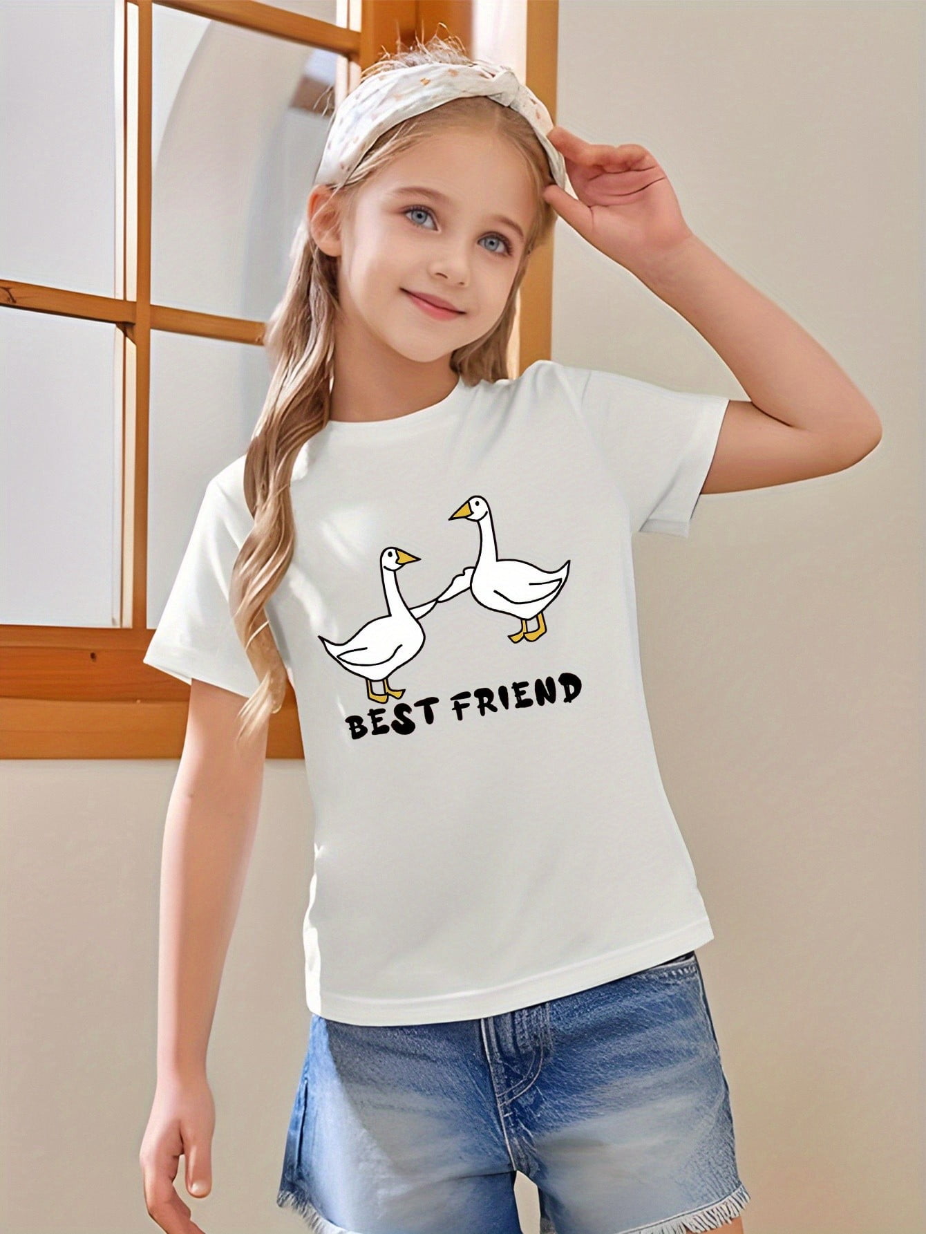 [Best Friends] Charming Girls' Cotton Blend T-Shirt with Cute Goose ...
