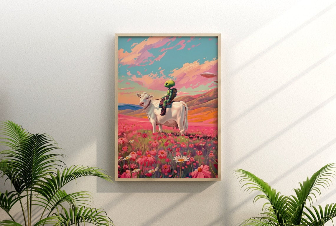 Best Friends (Ufo Art, Little Cute Alien, Retro Landscape Oil Painting ...