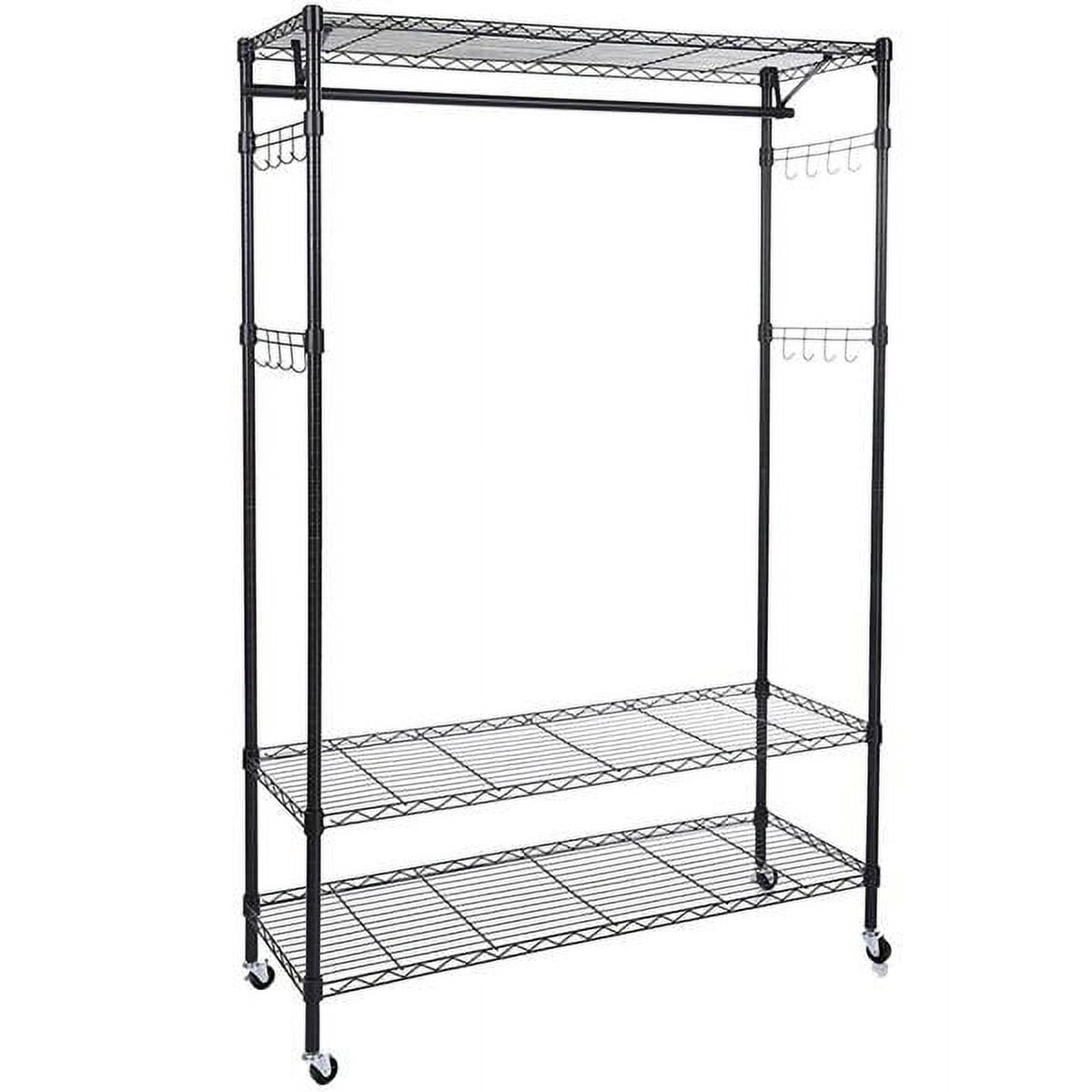 3-Tier Garment Rack with Double Rods, Lockable Wheels, Side Hooks, and ...