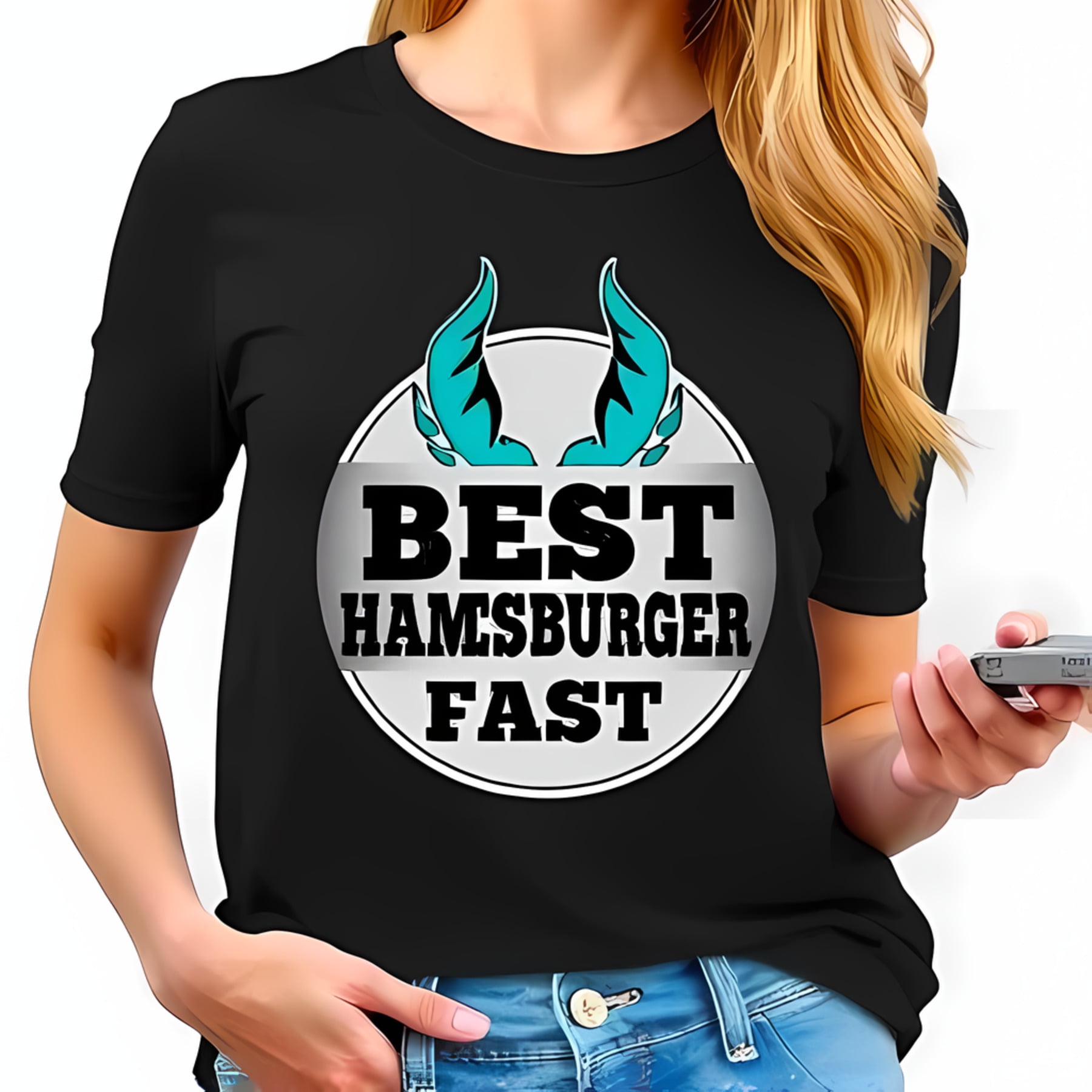 Best Hamesburger Fast Cotton Short Sleeve T-Shirt with Whimsical Teal ...