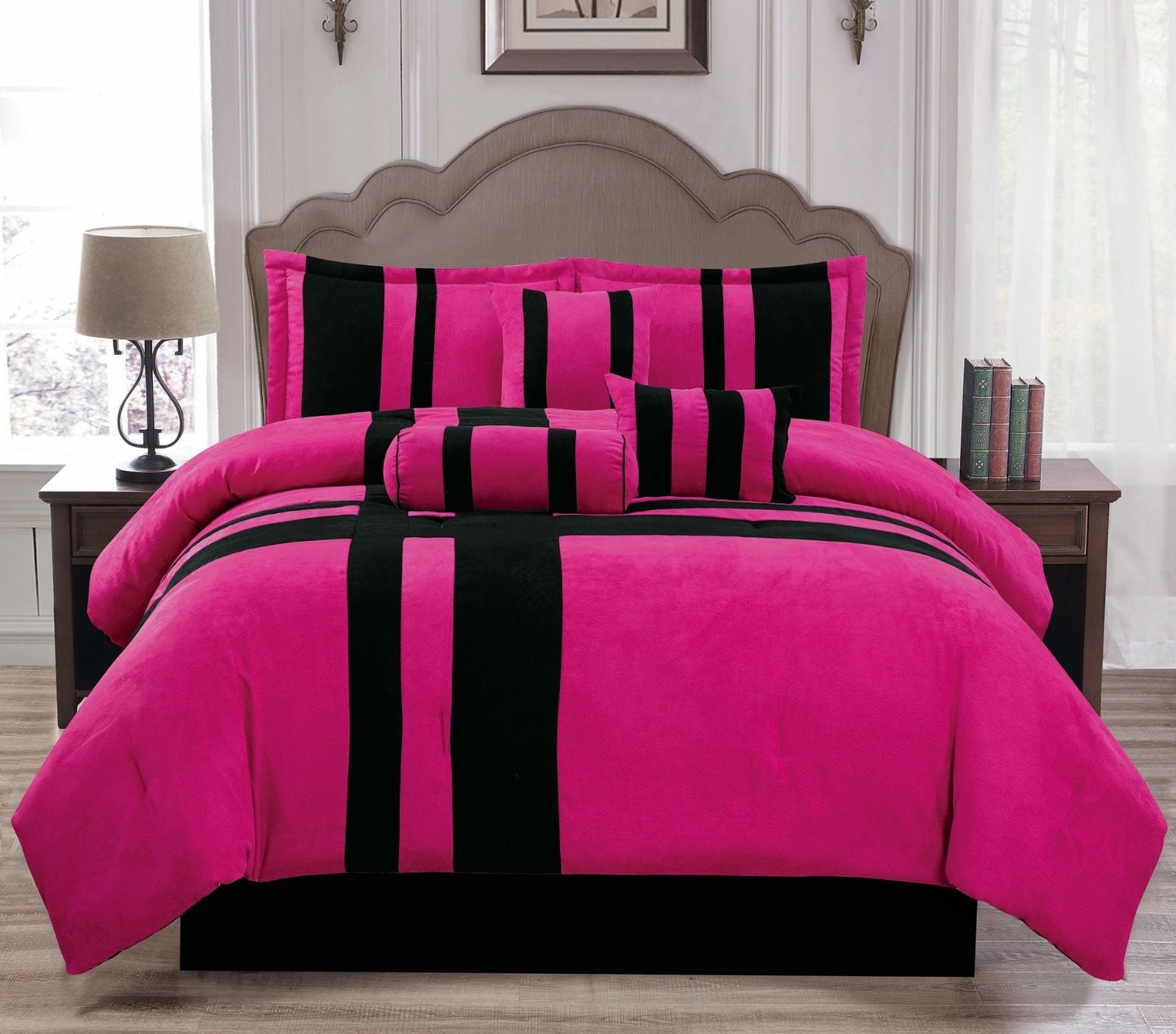 Soft Suede Pink & Black Stripe 7-Piece Queen Size Bedding Comforter Set ...