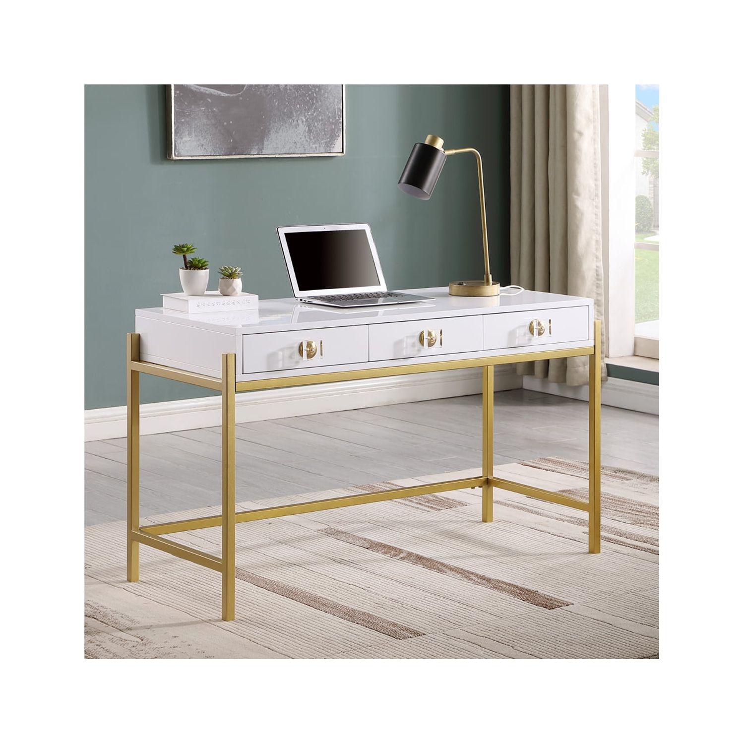 Best Master Furniture Tamila White Lacquered Computer Desk with Gold ...
