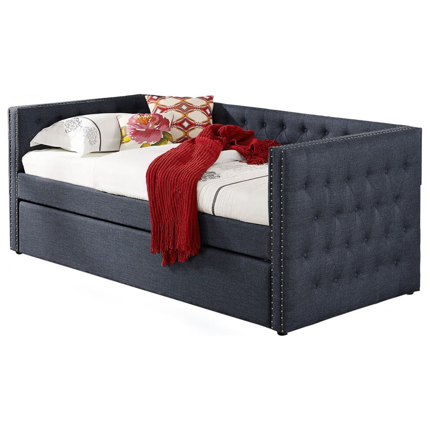 Best Master Tufted Fabric with Nailhead Twin Daybed and Trundle in ...