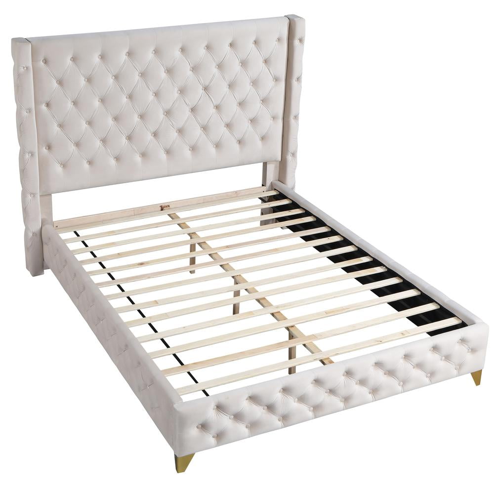 Best Master Wood Frame Cal King Platform Bed w/Tufted Velvet Upholstery ...