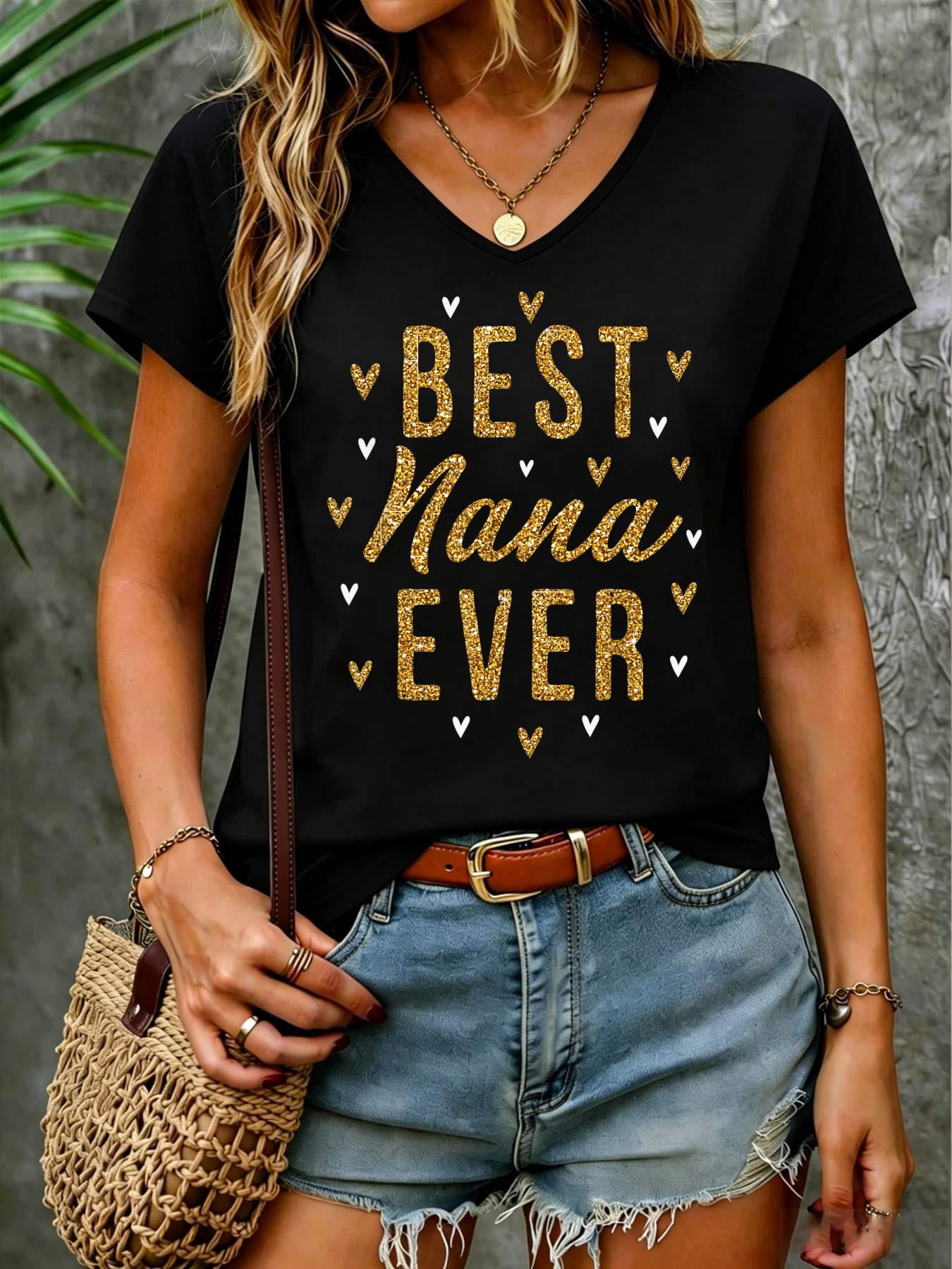 Best Nana Ever Gifts Cute Love Heart Print V Neck T-Shirt Cotton Women ...
