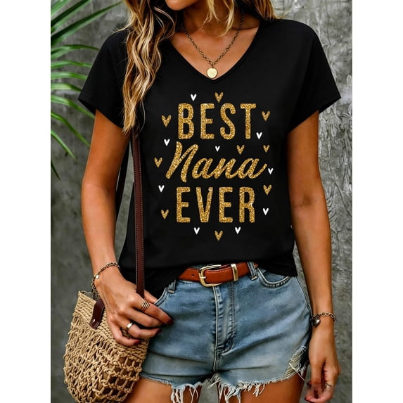 Best Nana Ever Gifts Cute Love Heart Print V Neck T-Shirt Cotton Women ...