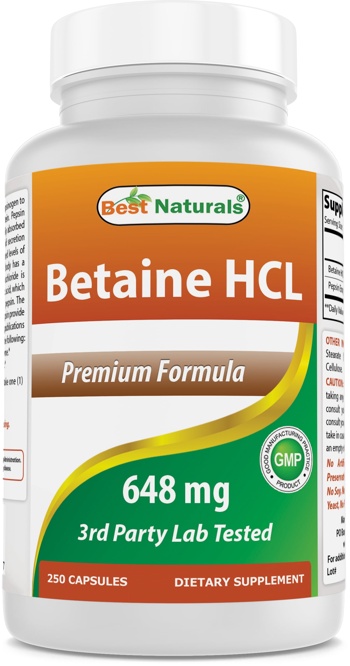 Best Naturals Betaine HCL with Pepsin, 648 mg, 250 Capsules for Maximum ...