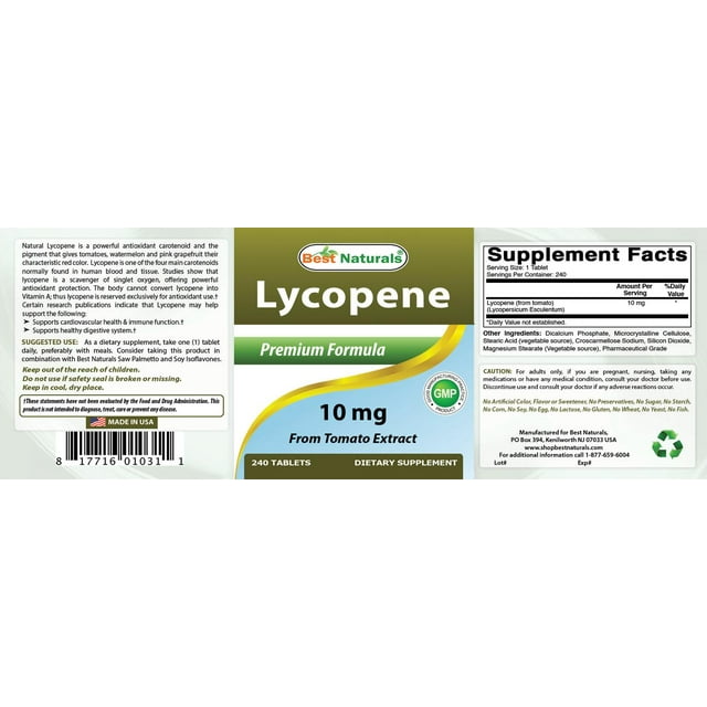 Best Naturals Lycopene 10 mg 240 Tablets - Walmart.com