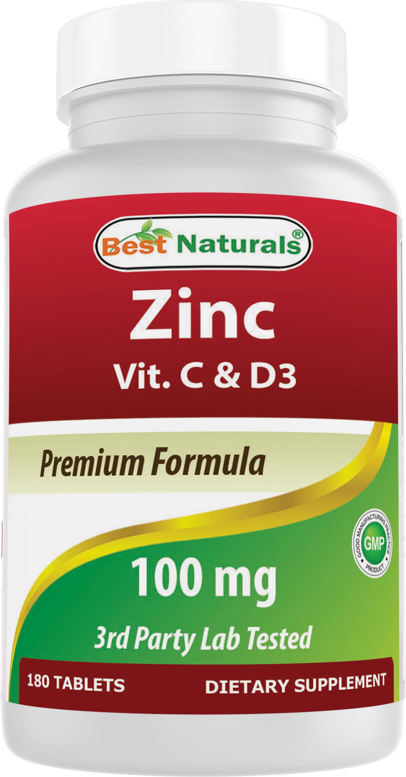 Best Naturals Zinc 100 mg with Vitamin C & D3 180 Tablets Gluten Free ...