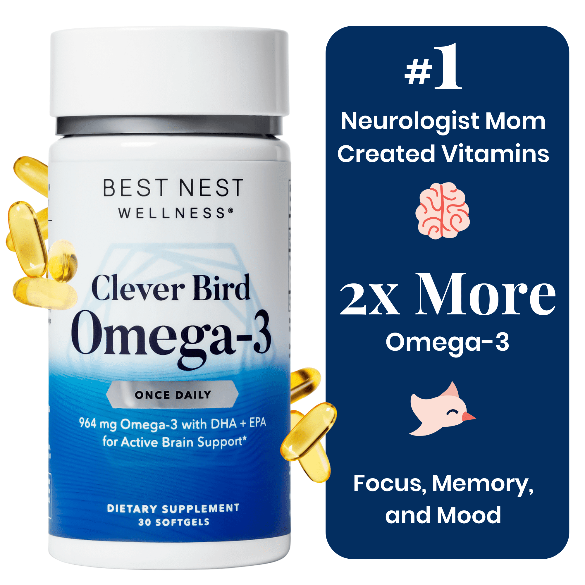 Best Nest Wellness Clever Bird Omega-3 Fish Oil, Once Daily DHA + EPA, Immune Support, 30 Ct ...