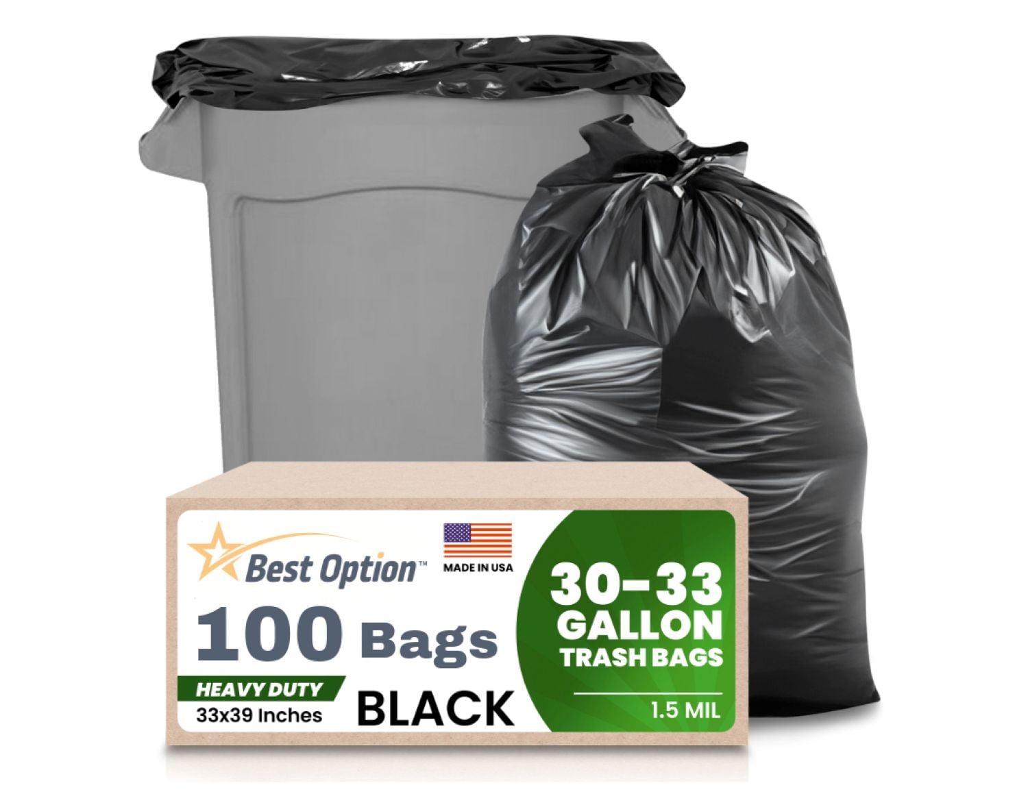 Best Option 30-33 Gallon Black Trash Bags, 100 Count Box, (33x39-inch ...
