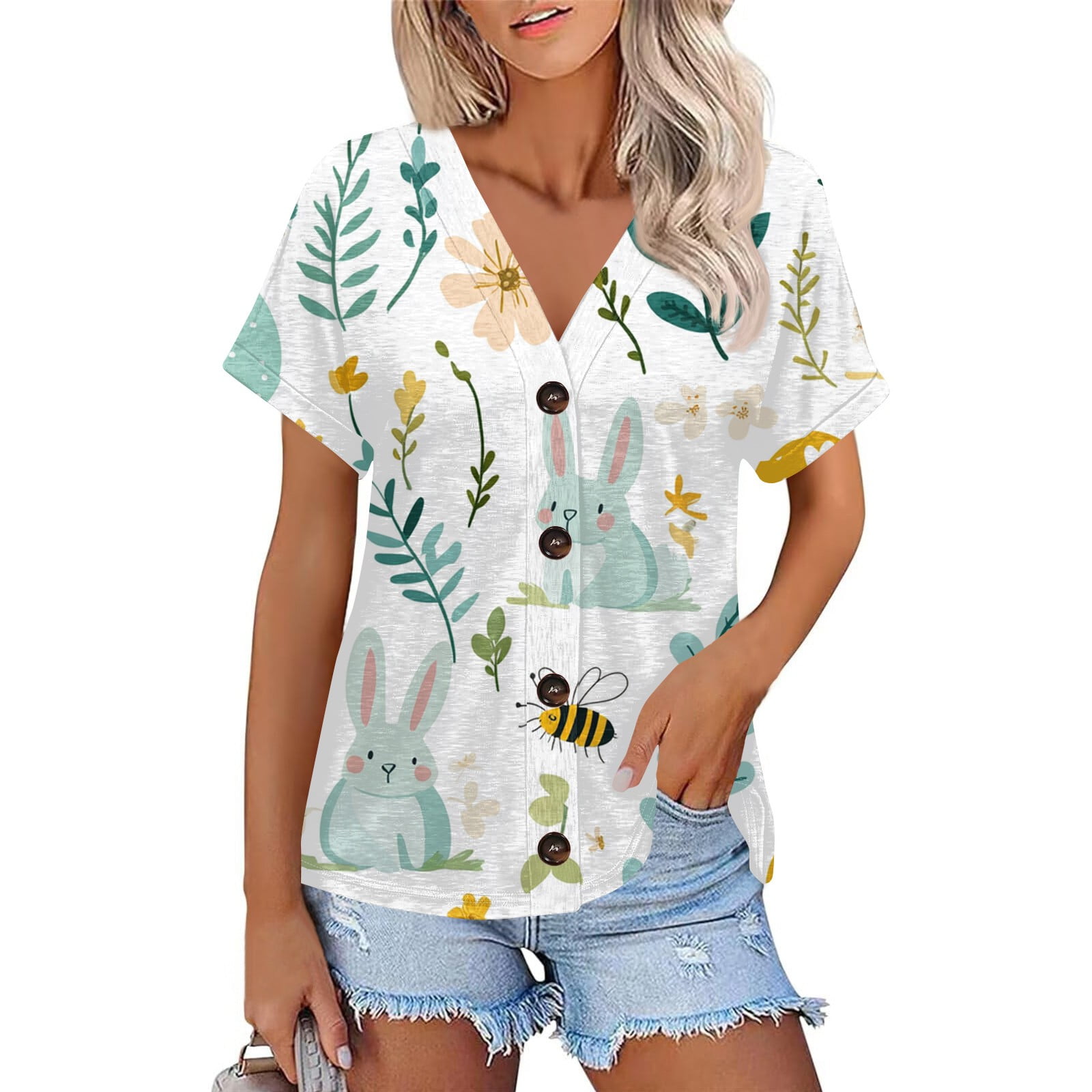 NAMTYQX Easter Summer Tops for Women Plus Size Button Down Open Front ...