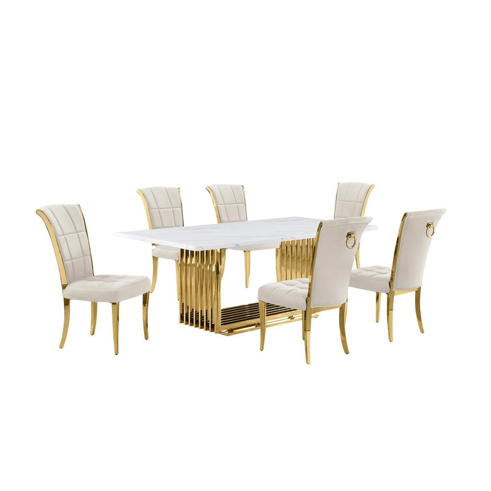 Best Quality Furniture 7-Piece Marble & Velvet Dining Set in White and ...