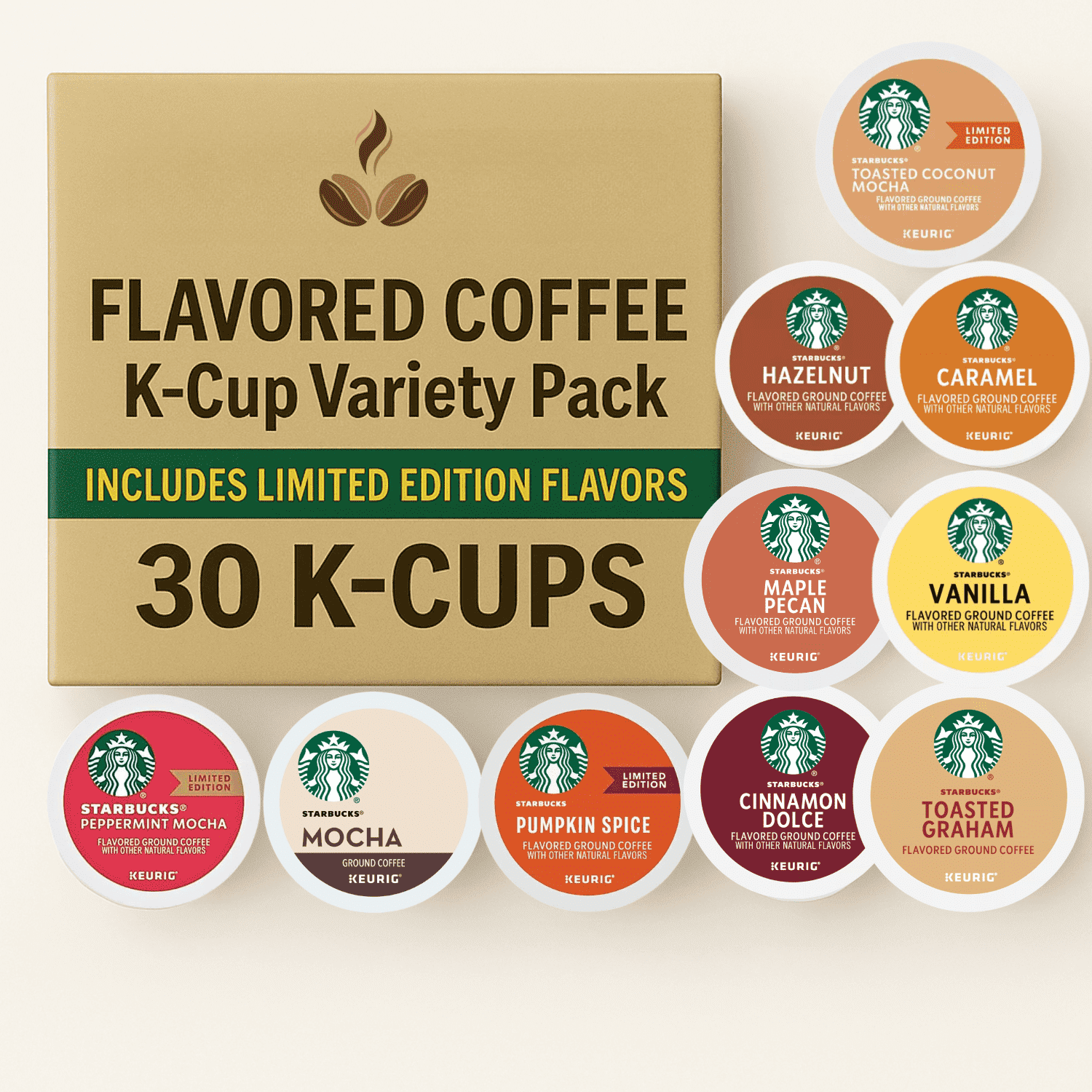 Best of Starbucks Flavored Coffee Pods Variety Pack – 10 Bestselling Flavors, 30 Count K-Cups ...