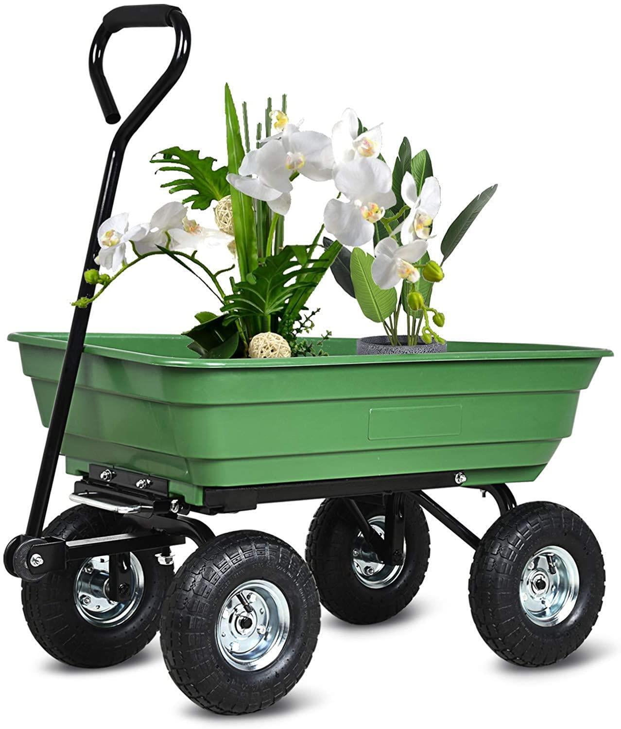 55l Green Garden Cart Heavy Duty 4 Wheel Lawn Yard Pull Behind Wagon