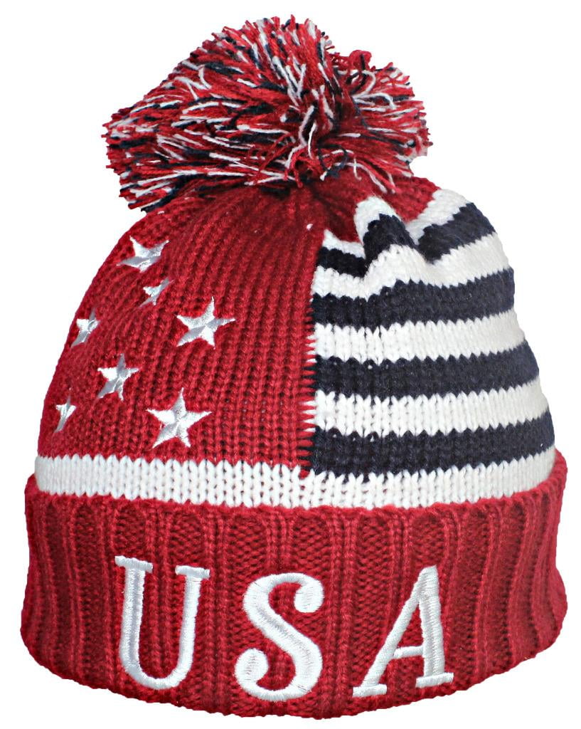 Best Winter Hats American Flag Beanie Embroidered USA Matrix Font W/Pom ...