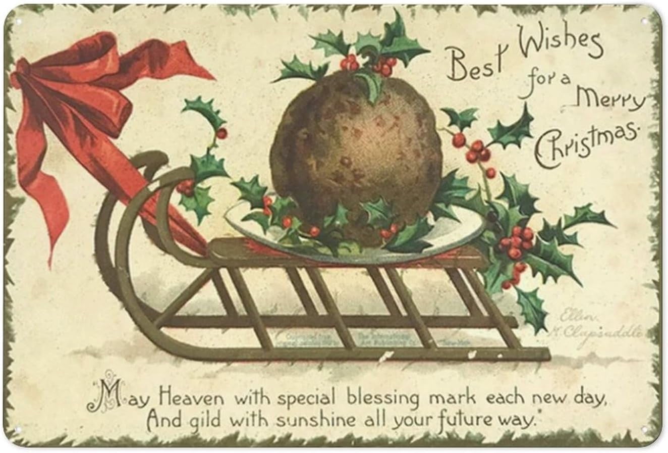 Best Wishes For A Merry Christmas Metal Tin Sign,Christmas Pudding on a ...