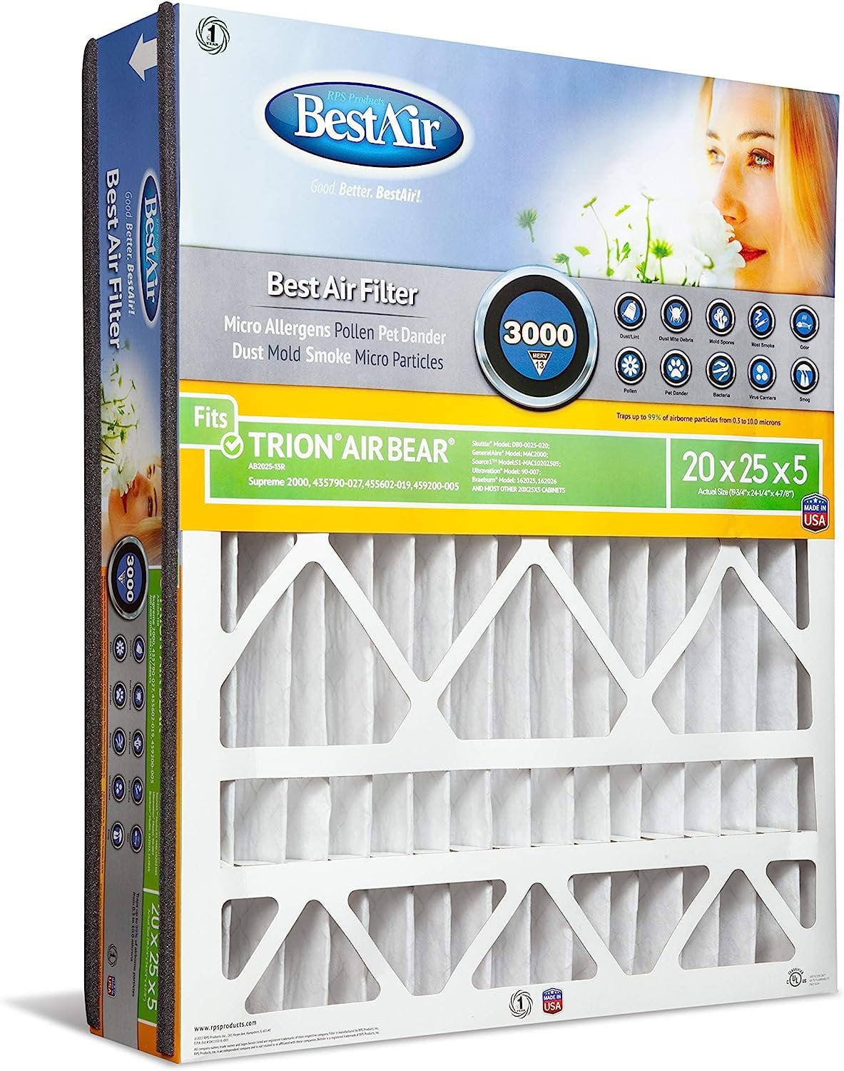 BestAir AB2025-13R Cleaning Furnace Filter, MERV 13, For Trion Air Bear ...